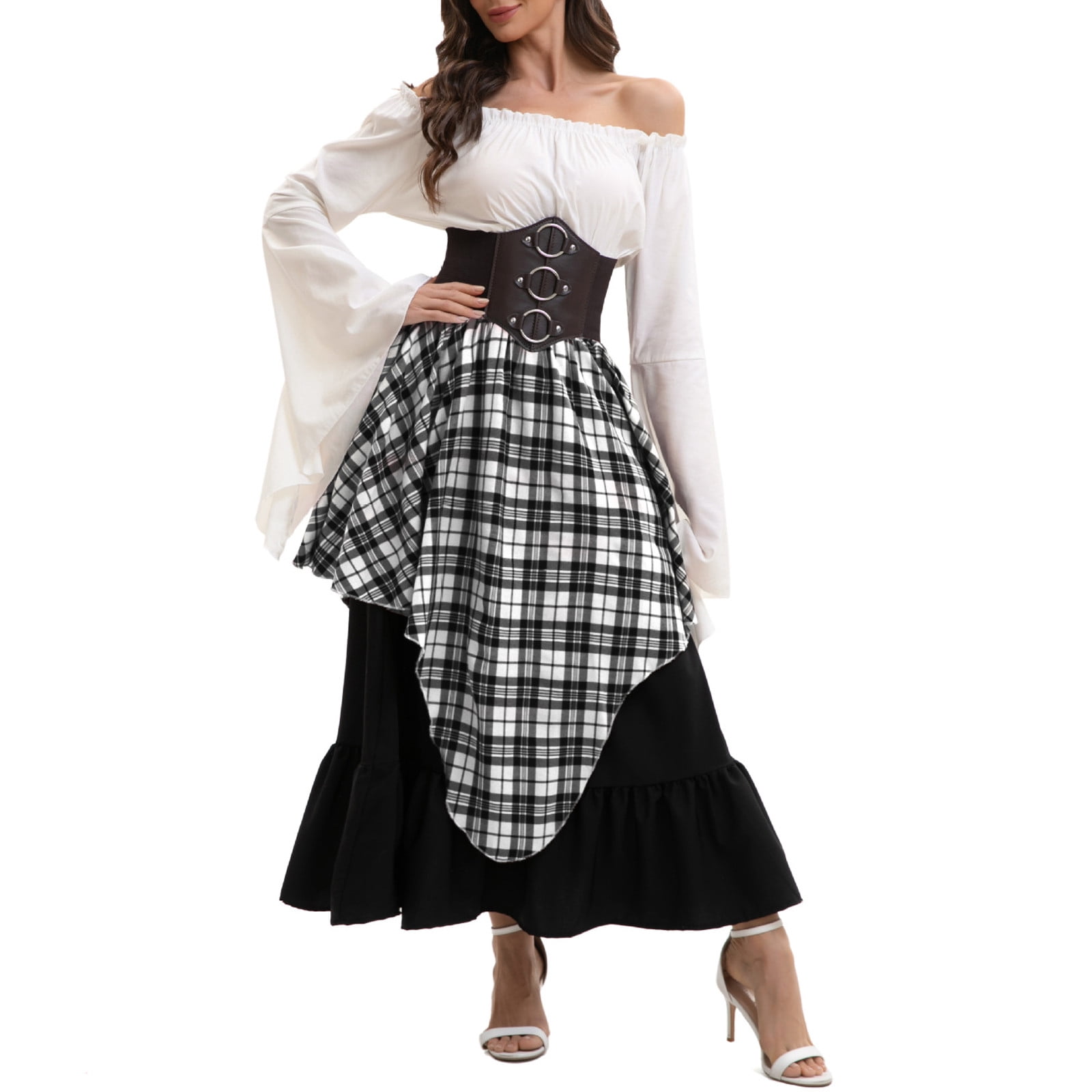 TFEOQRY Women's Renaissance Medieval Dress Set Trumpet Sleeve Off ...