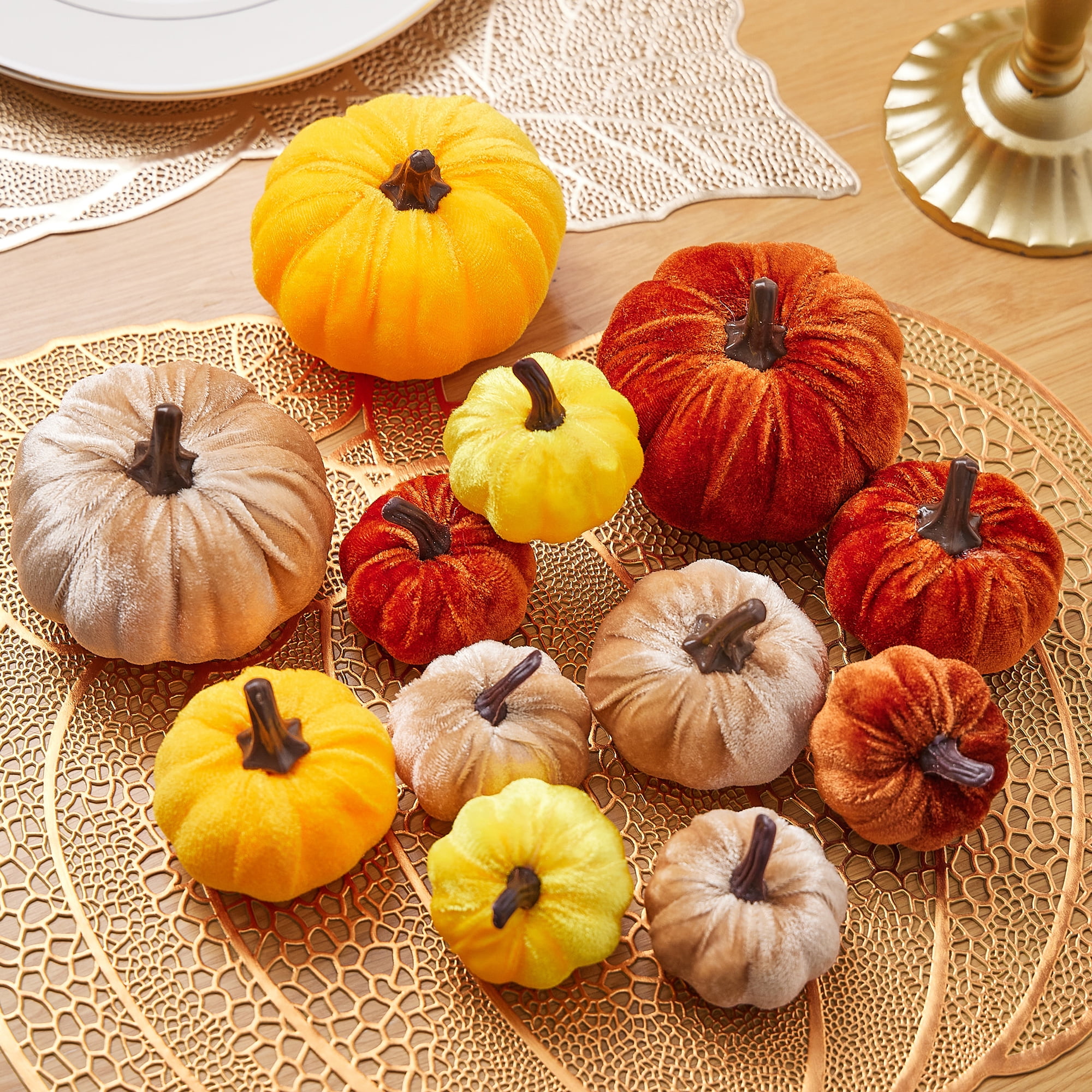 TFFR 12 Pcs Artificial Pumpkins Velvet Pumpkins with Assorted Sizes Fall Harvest Halloween ...