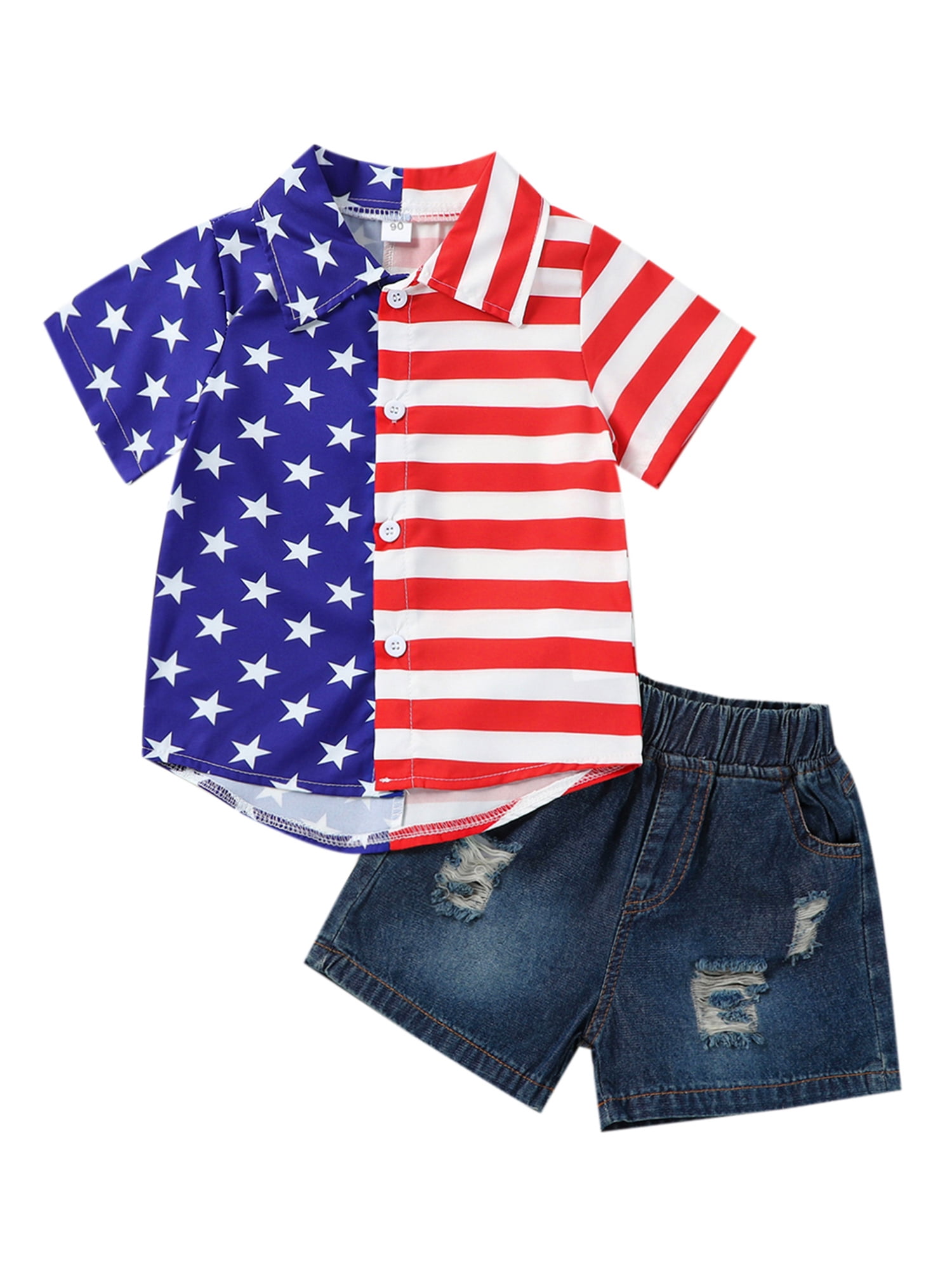TFFR 4th of July Kids Boys Set Stripe Stars Print Turn-Down Collar ...