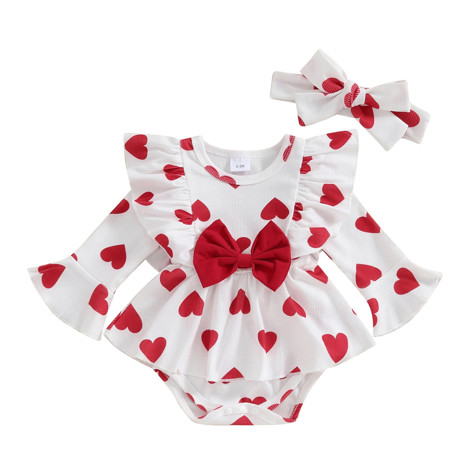 TFFR Baby Girl Valentine Heart Romper Dress 0-18M Long Sleeve Ruffles Ribbed Jumpsuit with Bow ...