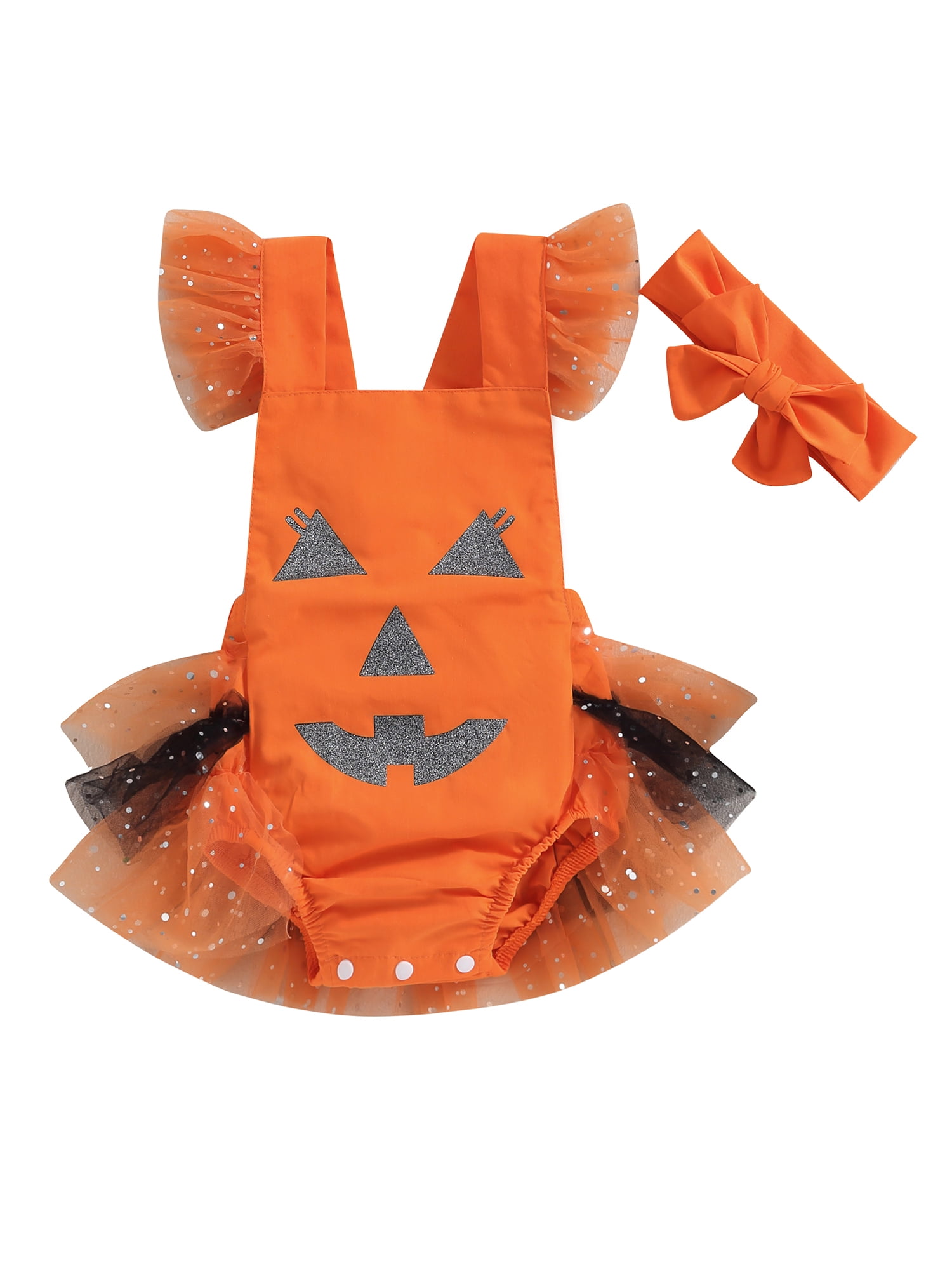 TFFR Baby Girls Halloween Clothes Romper Pumpkin Print Sequin Mesh Ruffle Jumpsuits Overalls ...