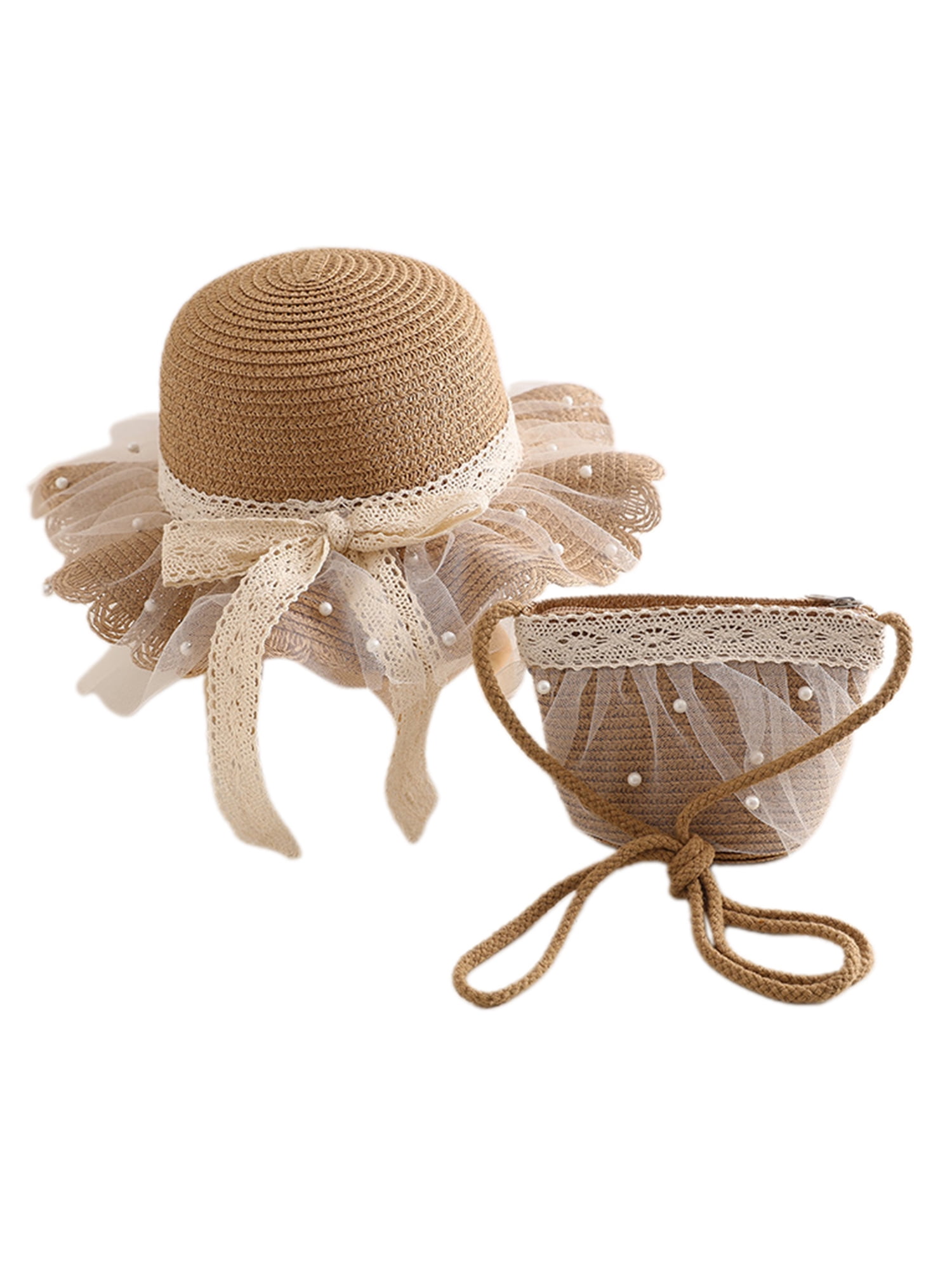 TFFR Children Girl Sun Hat + Crossbody Bag, Bow Ribbon Pearl Decoration ... TFFR Children Girl Sun Hat + Crossbody Bag, Bow Ribbon Pearl Decoration ...