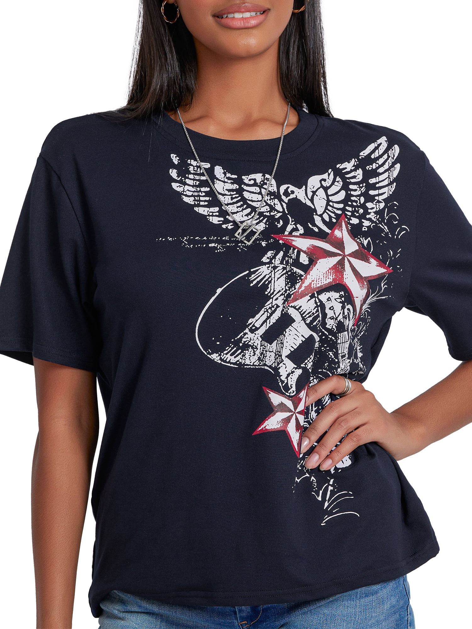 TFFR Gothic T-Shirt for Women Star Eagle Print Short Sleeve Tees Summer ...