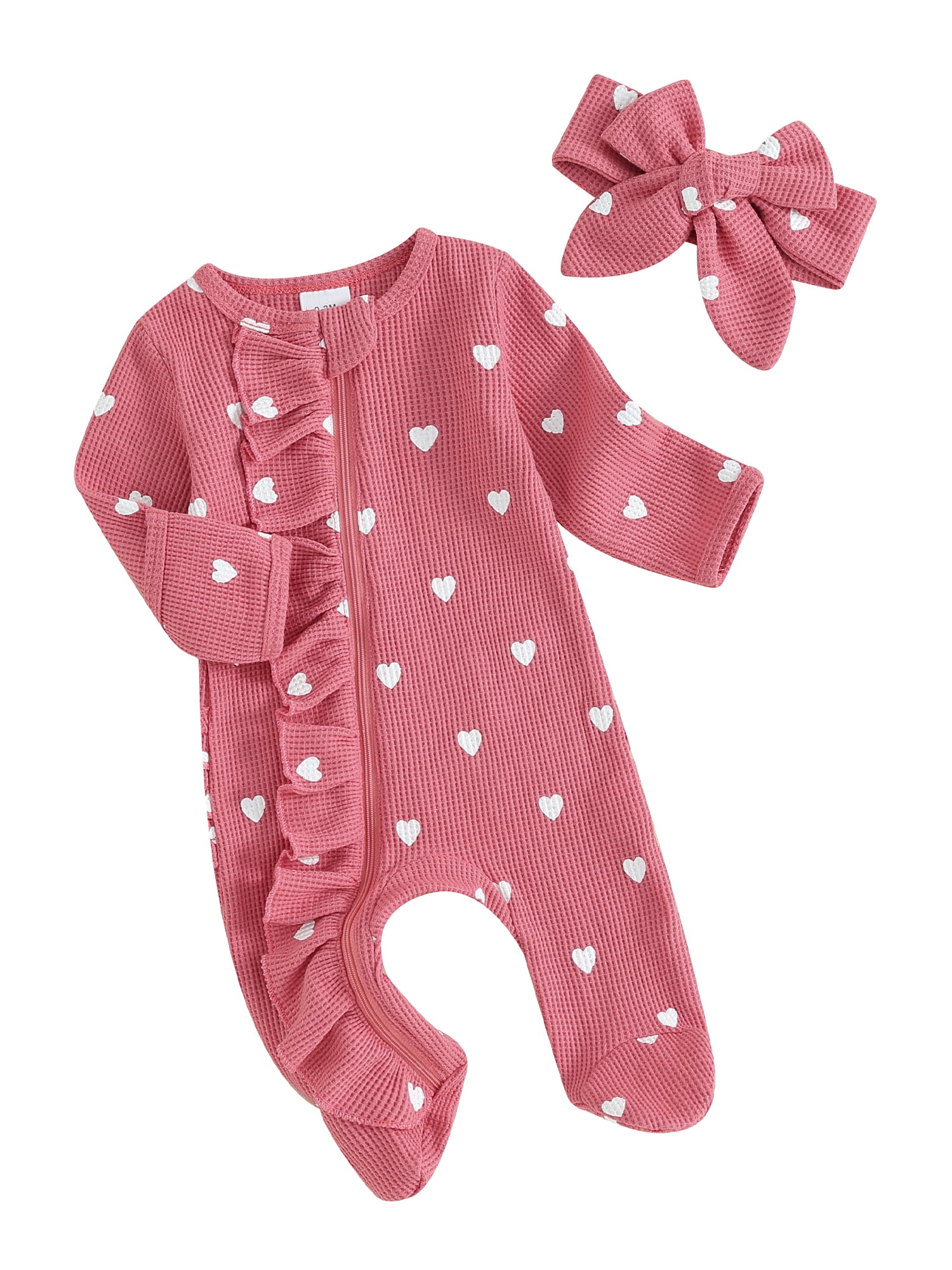 TFFR Heart Print Romper for Newborn Baby Girl Valentines Day Jumpsuit Ruffles Long Sleeve Footie ...