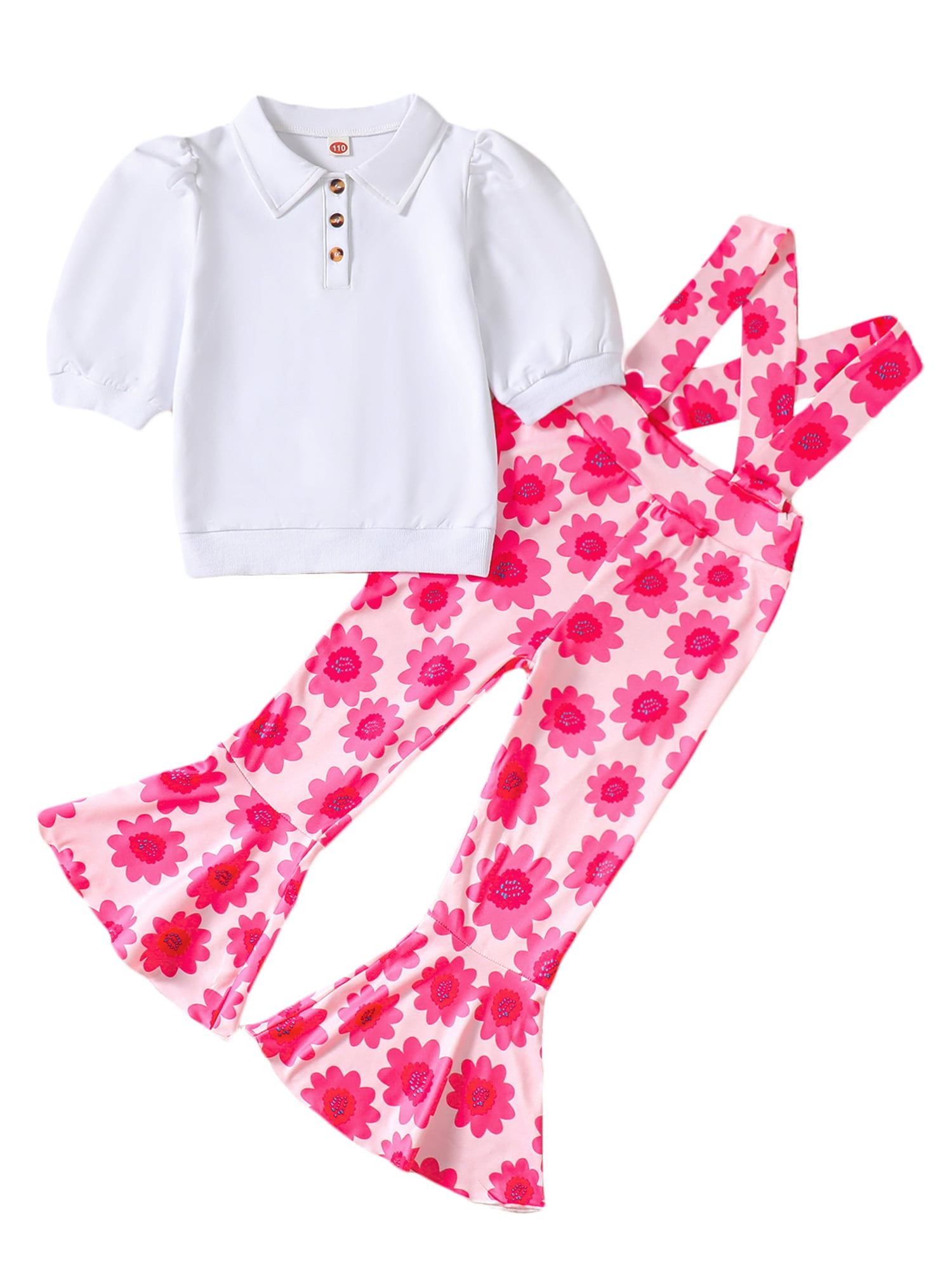 TFFR Kids Girl Outfits Buttons Short Puff Sleeve T-Shirts Tops Floral ...