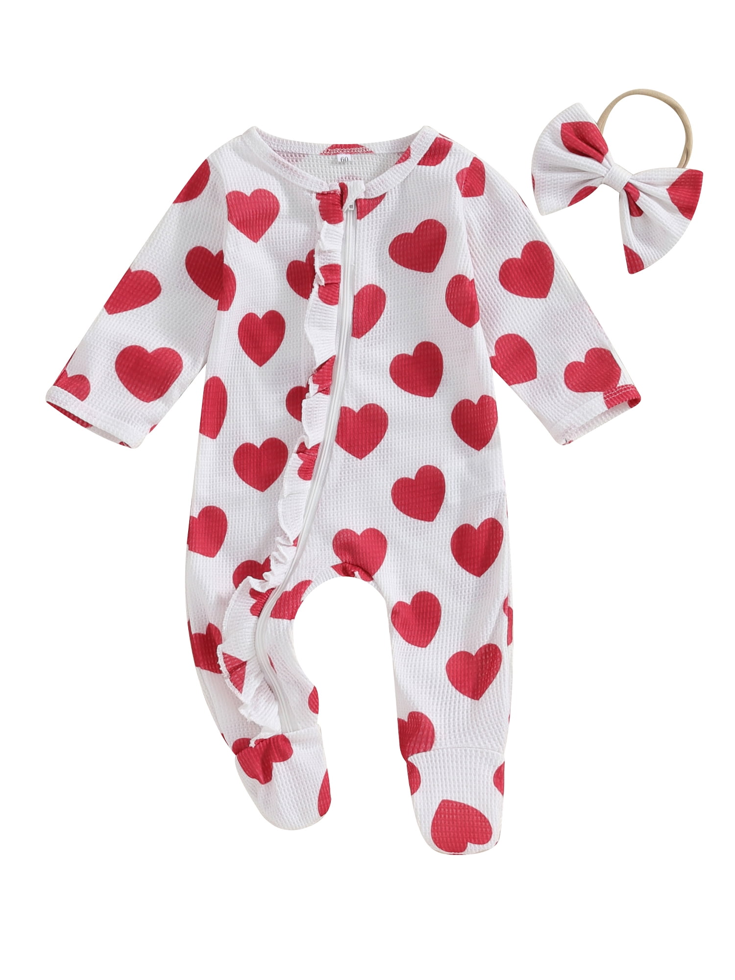 TFFR Love Heart Romper for Baby Girl Valentines Day Footed Jumpsuit Long Sleeve Ruffle Waffle ...