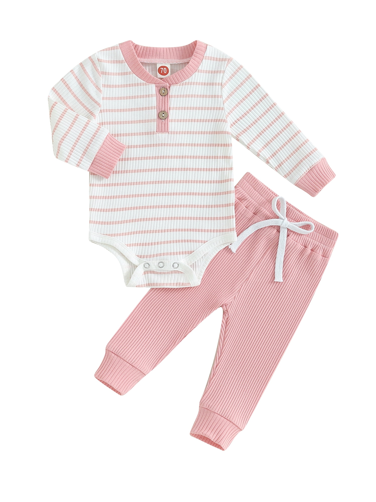 TFFR Newborn Baby Boy Girl Ribbed Clothes Long Sleeve Striped Romper Solid Long Pants 2Pcs Fall ...