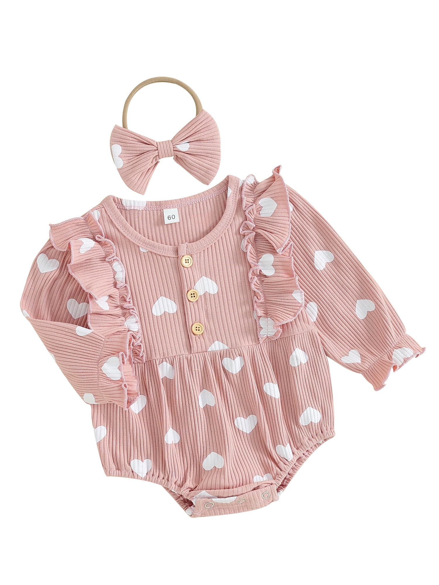TFFR Newborn Baby Girl Heart Rompers Infant Long Sleeve Cotton Ribbed Jumpsuit with Headband ...