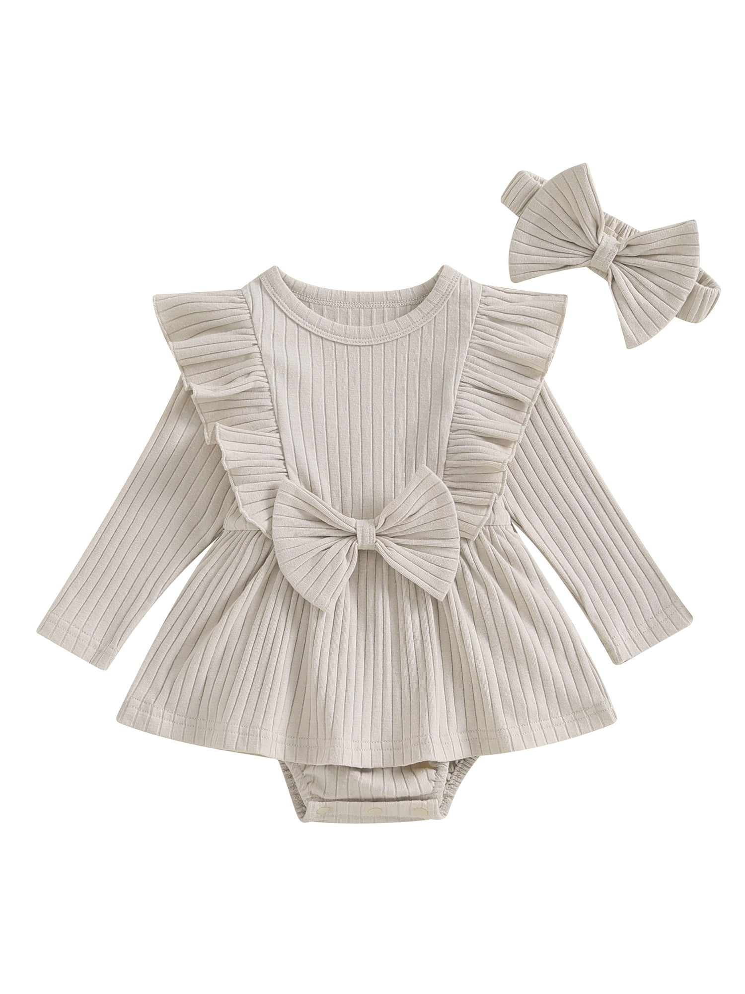 TFFR Newborn Baby Girl Ribbed Romper Dress Solid Color Jumpsuit Ruffle Long Sleeve Bodysuit with ...