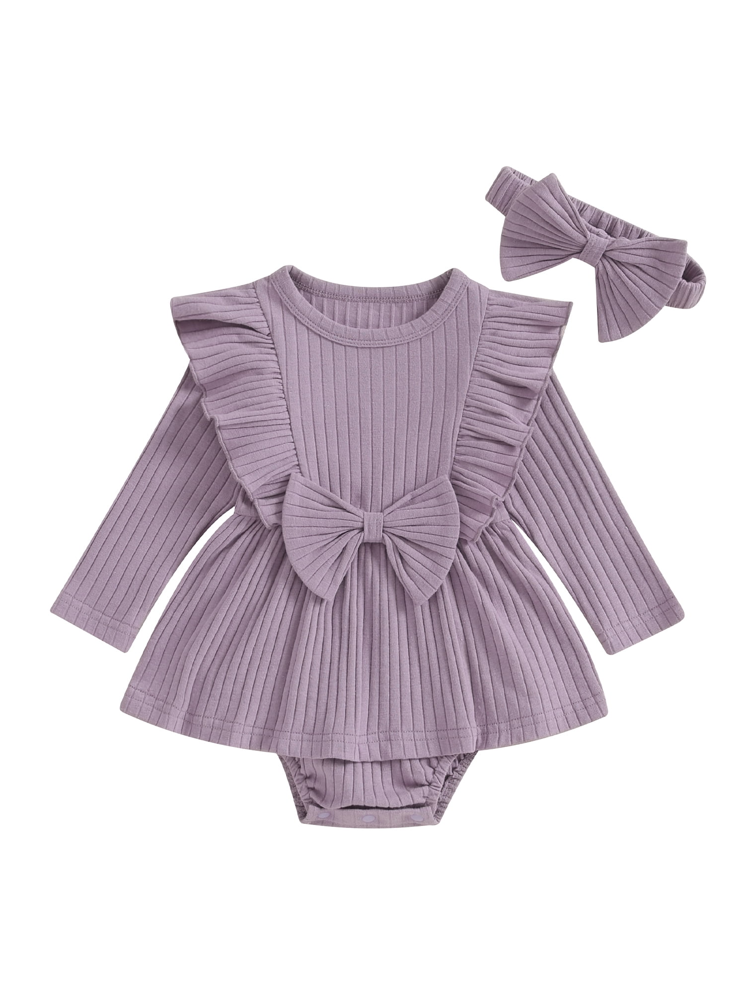 TFFR Newborn Baby Girl Ribbed Romper Dress Solid Color Jumpsuit Ruffle Long Sleeve Bodysuit with ...