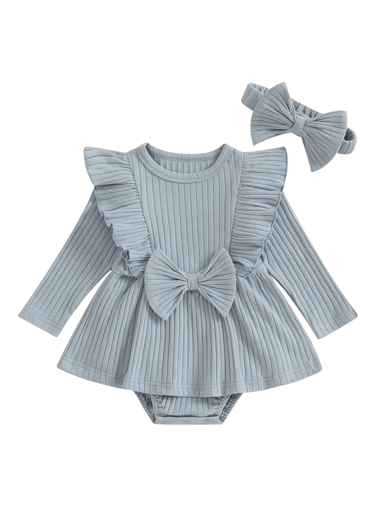 TFFR Newborn Baby Girl Ribbed Romper Dress Solid Color Jumpsuit Ruffle Long Sleeve Bodysuit with ...