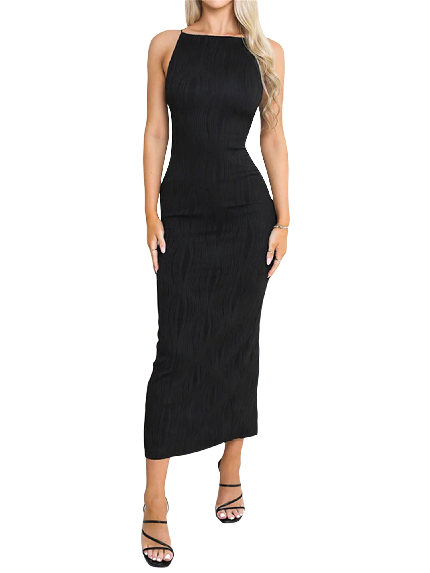 TFFR Sexy Women Long Dress Ruched Sleeveless Slim Solid Party Back ...