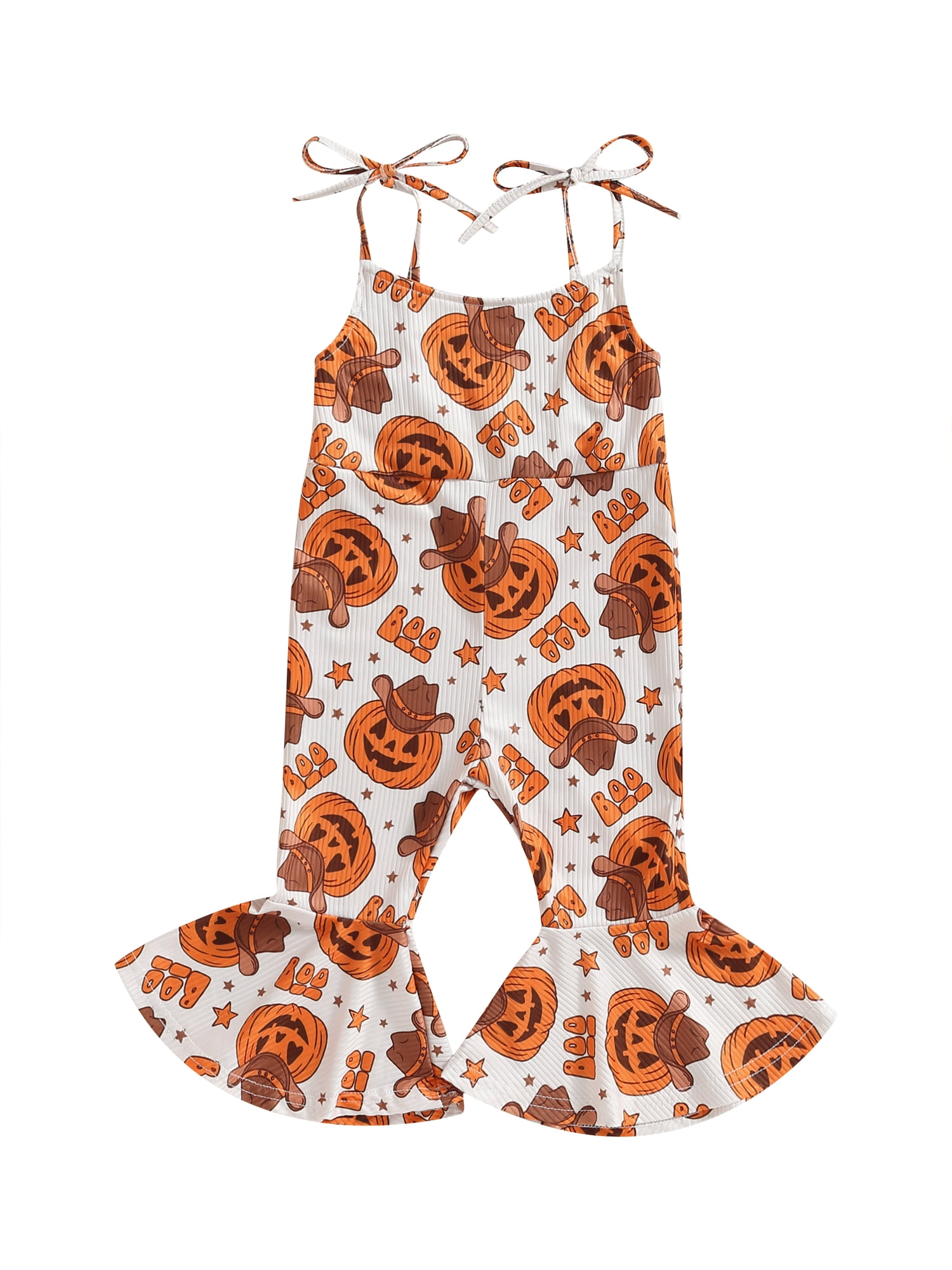 TFFR Toddler Girl Halloween Pumpkin Jumpsuits, Kid Flower Printed Sleeveless Tie-up Bell Bottoms ...