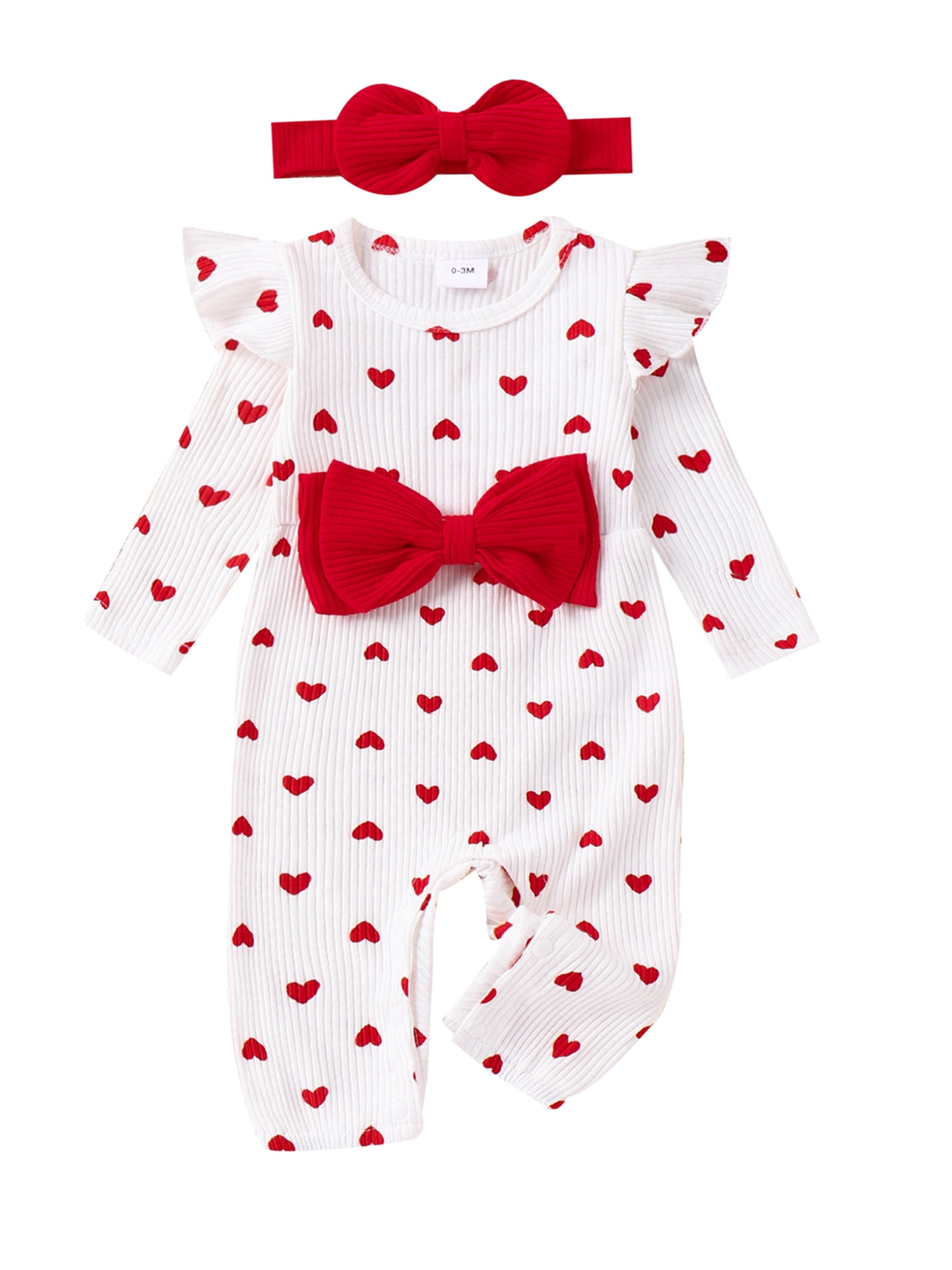 TFFR Valentine Baby Girl Heart Jumpsuit 0-18M Infant Long Sleeve Ribbed Romper Headband ...