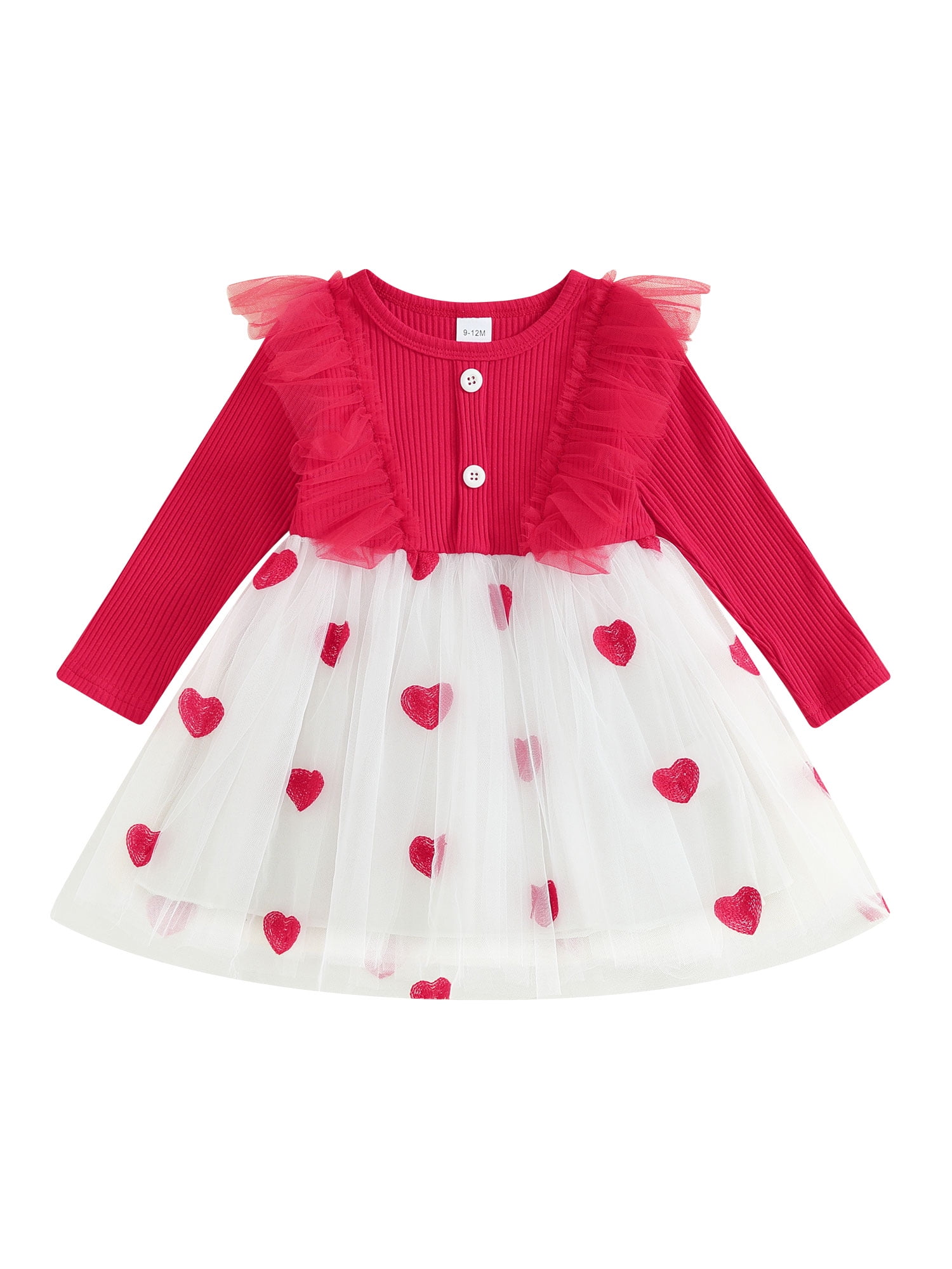 TFFR Valentine's Day Kids Girl Long Sleeve Dress Toddler Heart Print A-Line Tulle Dress ...