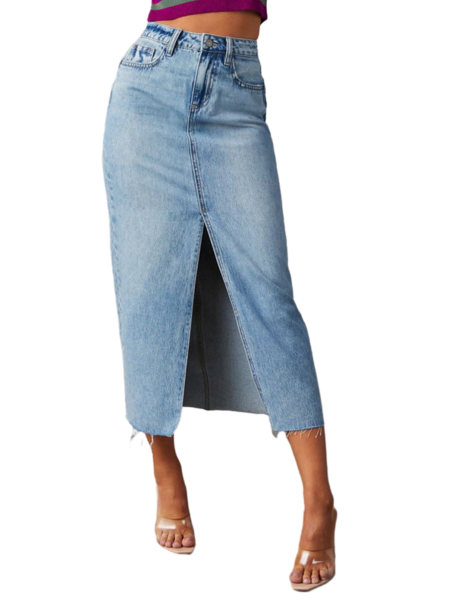 TFFR Women High Waist Denim Maxi Skirt Split Thigh Zip Up Jeans Skirt ...