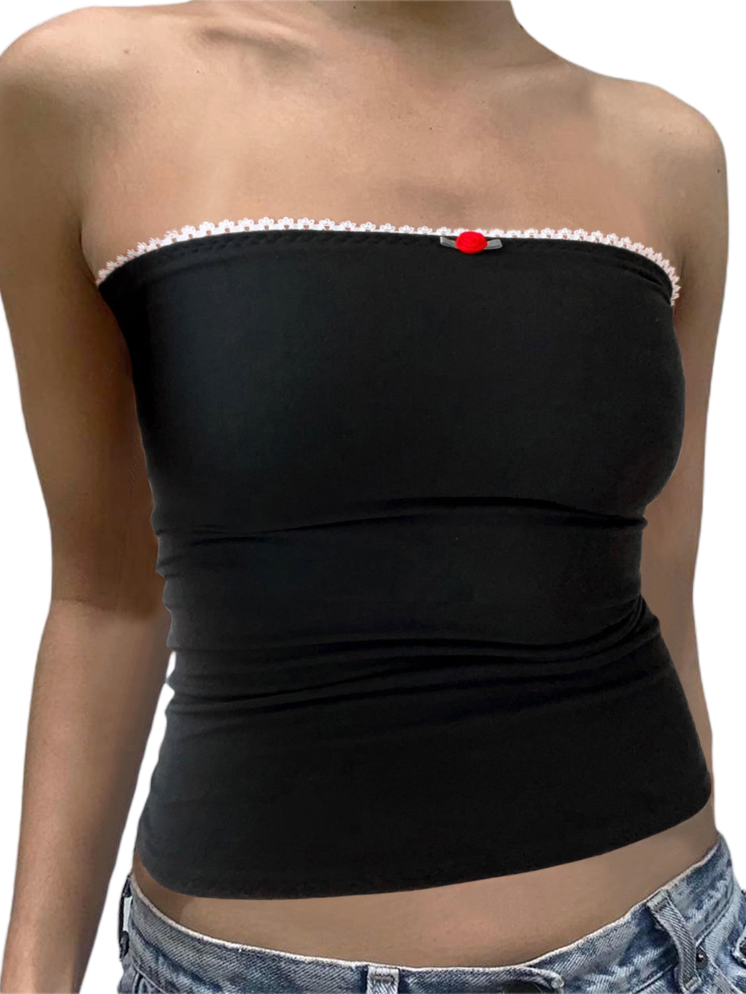 Tffr Women Lace Trim Strapless Tube Top Backless Off Shoulder Vest