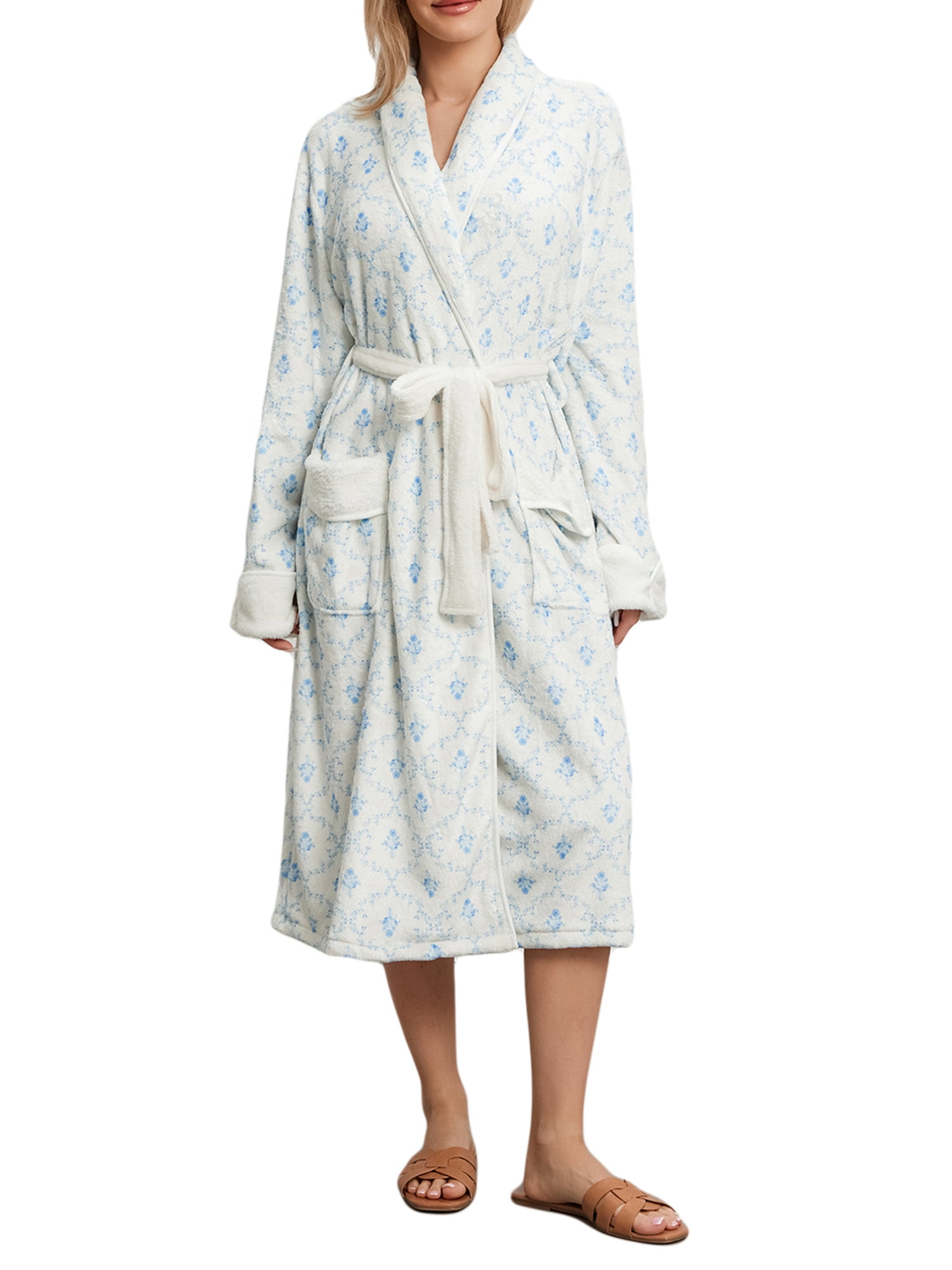 TFFR Women Plush Bathrobe Winter Pajama Kimono Floral Print Fleece Long ...