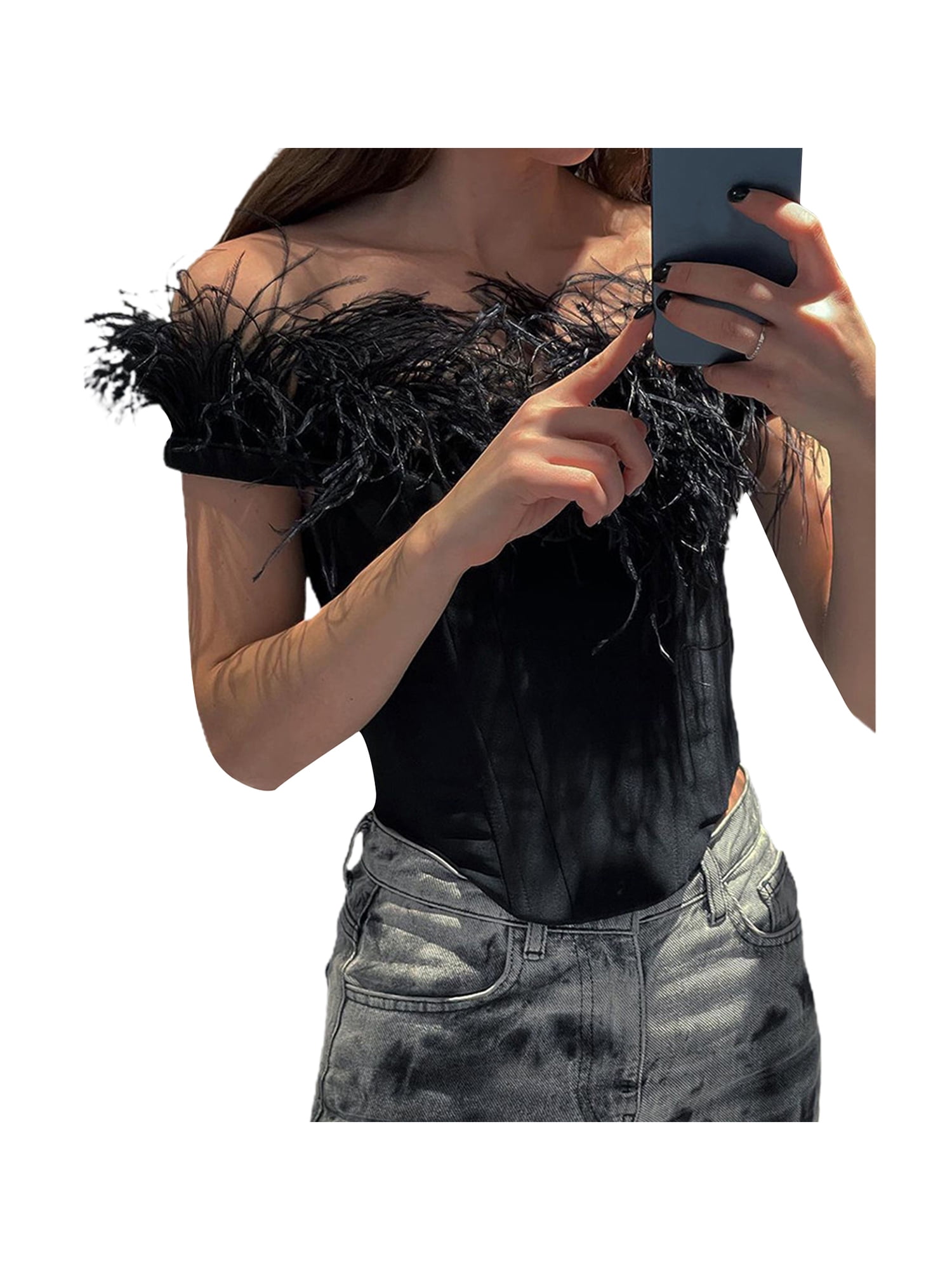 TFFR Women Short Bandeau Plain Off-Shoulder Fluffy-Trimmed Crop Tube ...