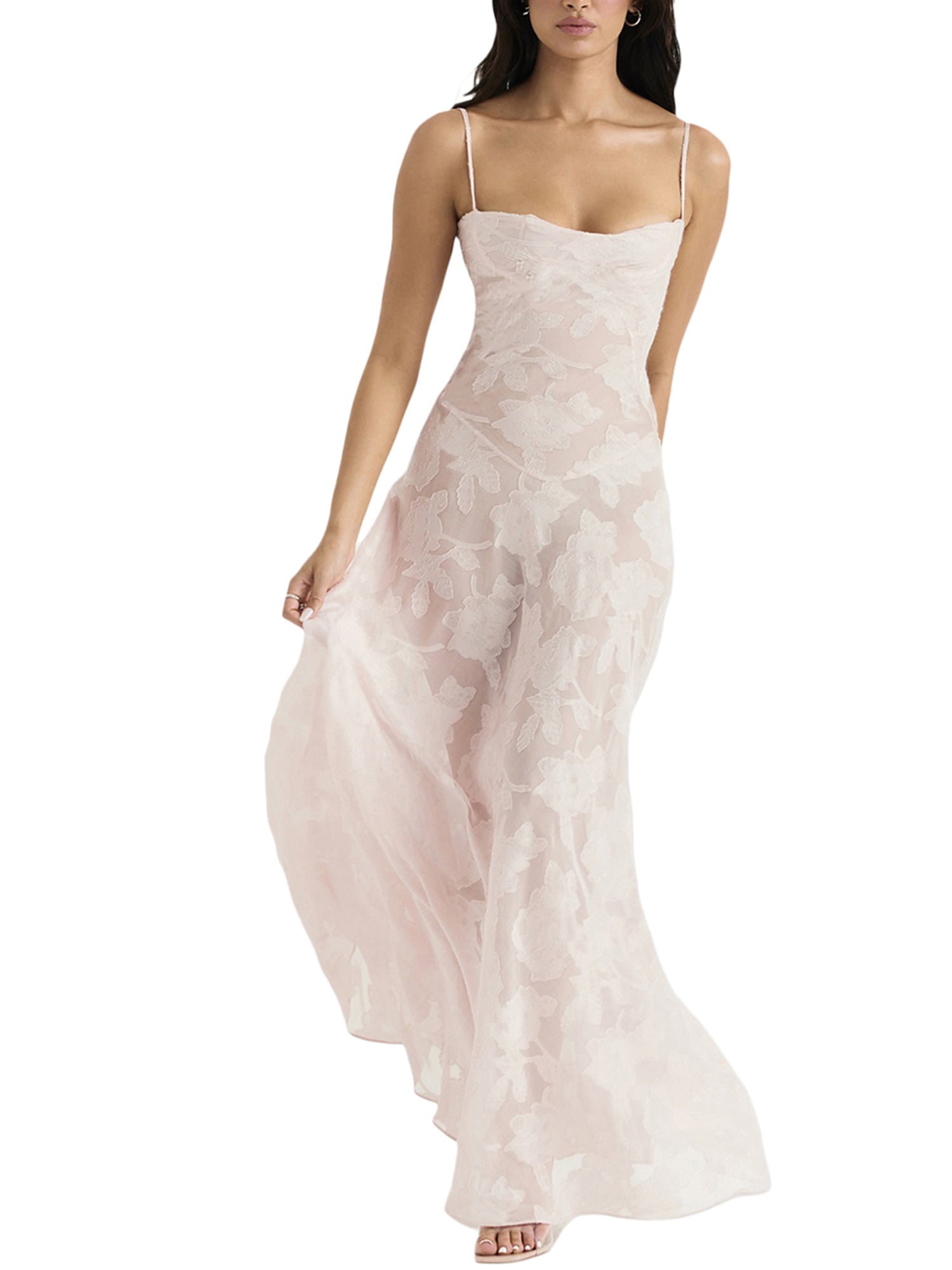 Tffr Women Spaghetti Strap Long Dress Elegant Lace See Through Low Cut Sling Swing Dress