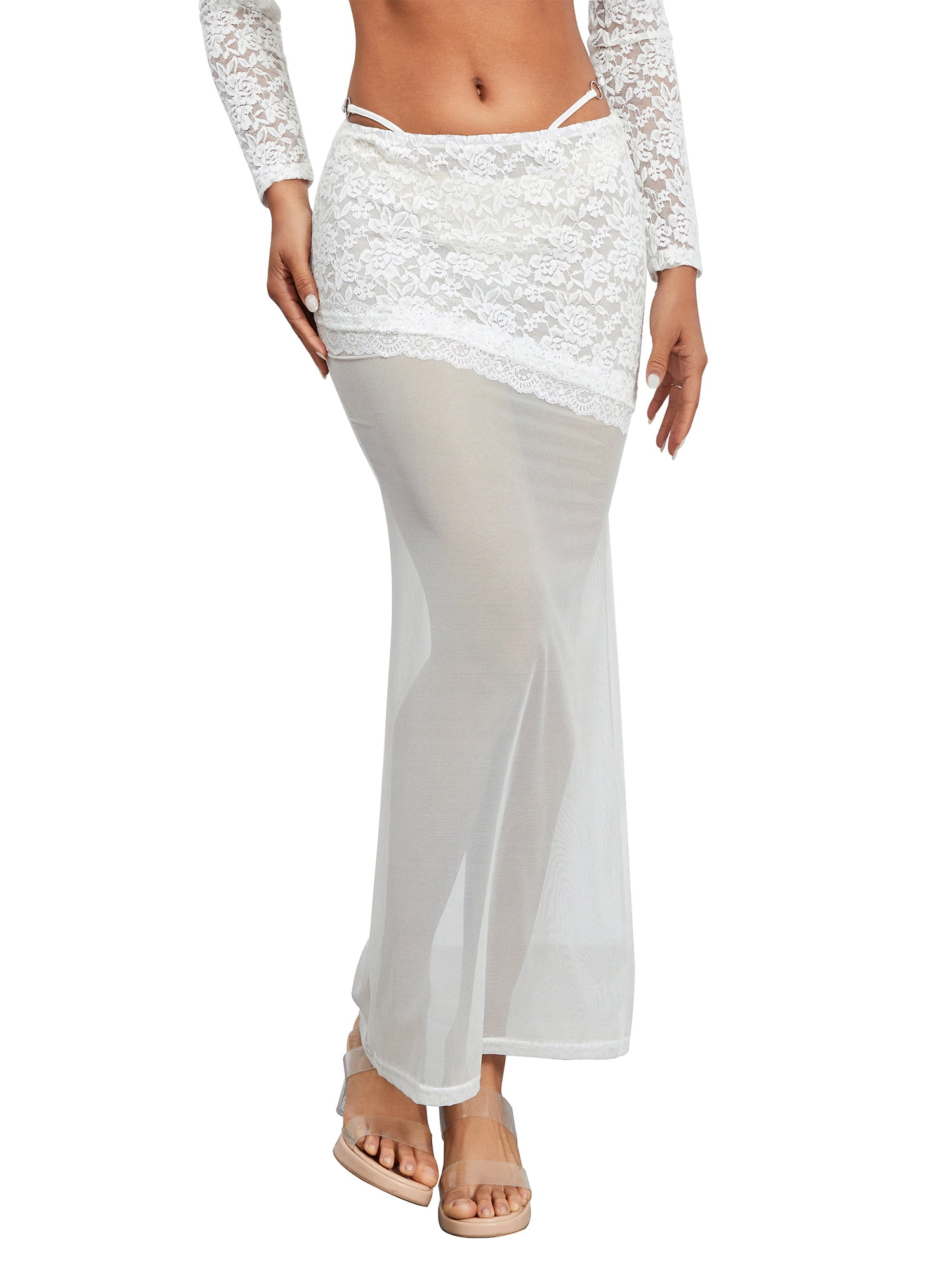 TFFR Women White Long Skirt Beach Cover Ups Elegant Low Waist Lace ...