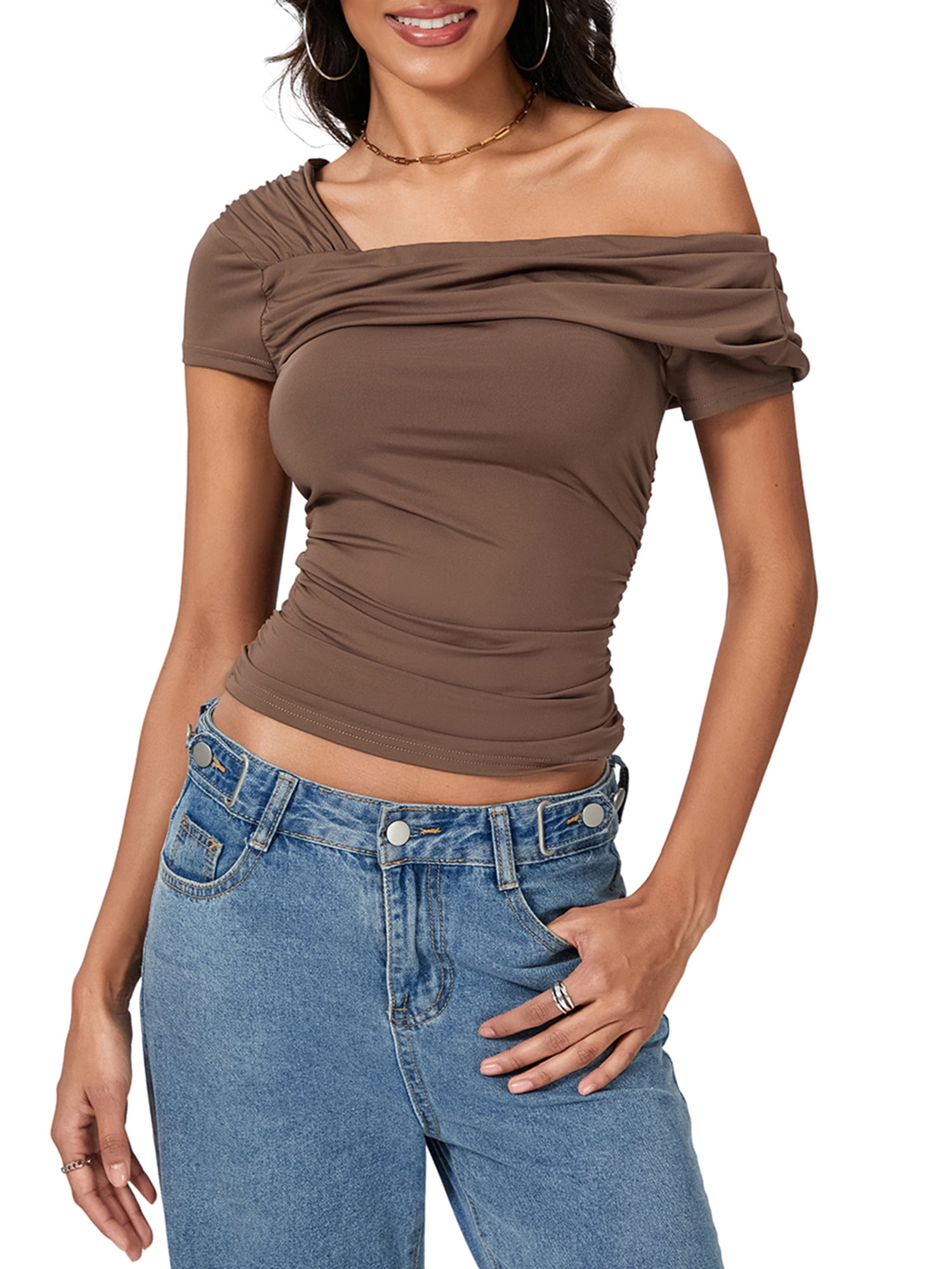 Tffr Womens Off Shoulder Crop Top Short Sleeve Ruched Slim T Shirts