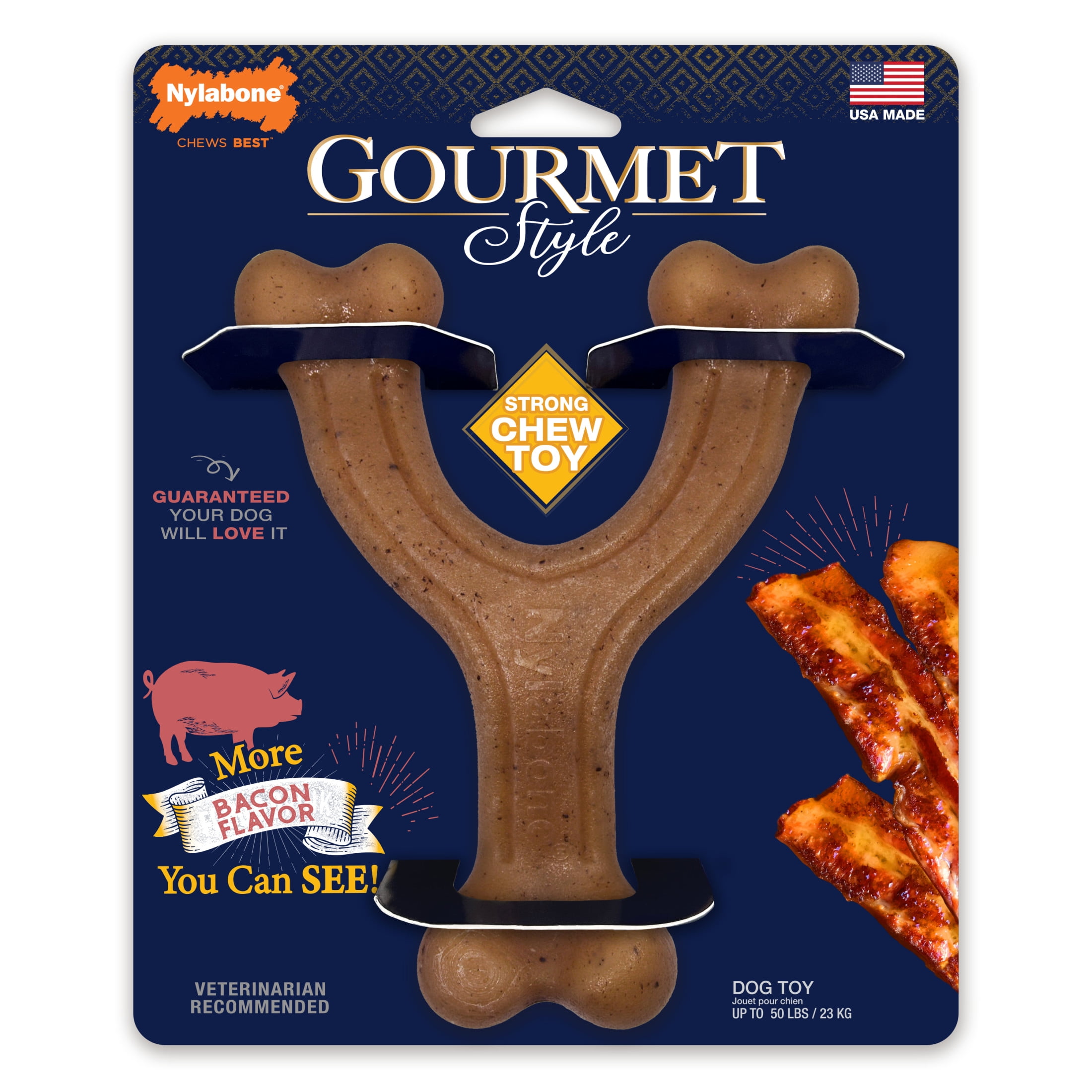 Nylabone Gourmet Style Strong Chew Wishbone Dog Toy, Bacon Flavor ...