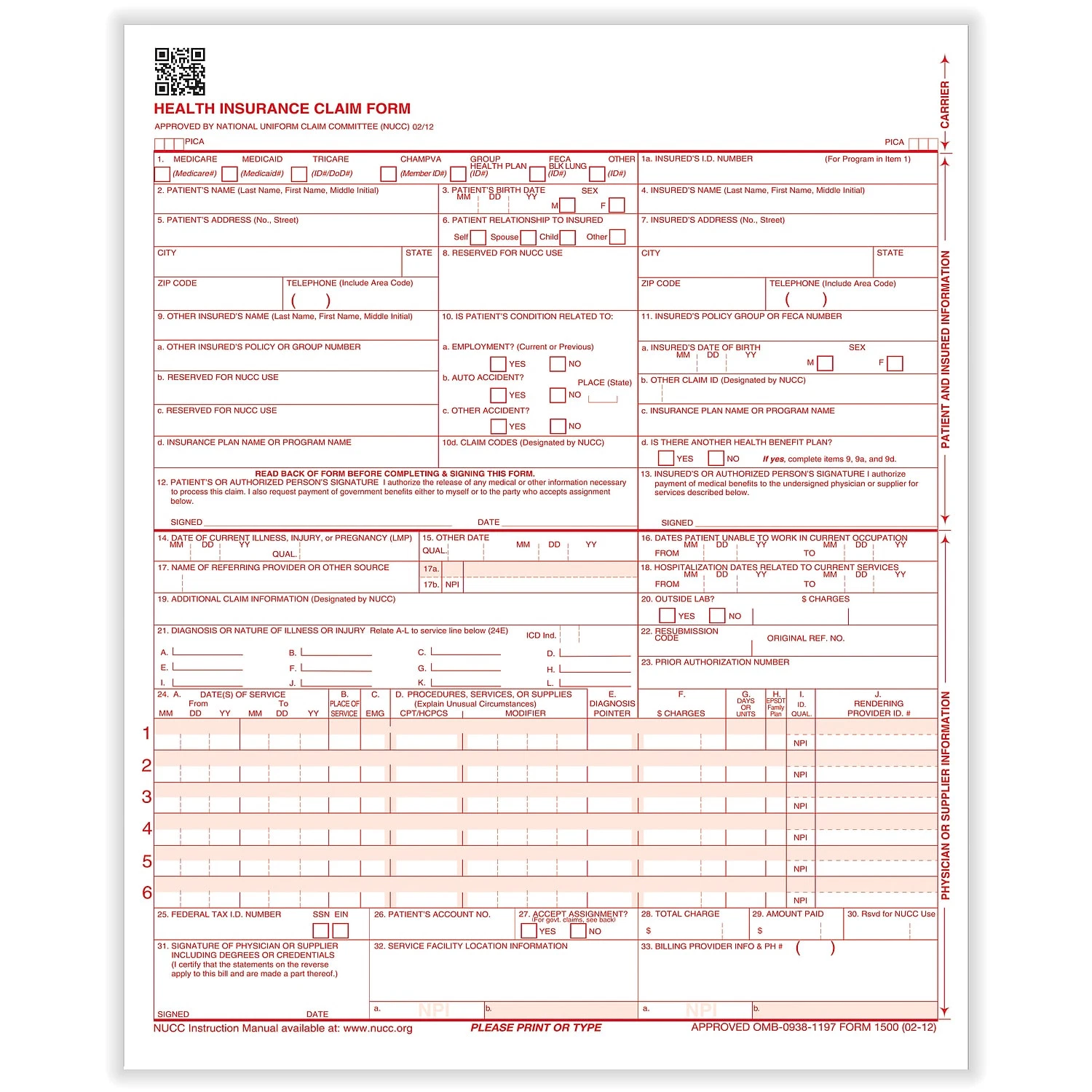 TFP CMS-1500 Health Insurance Claim Form; Laser-Cut Sheet 116719 ...