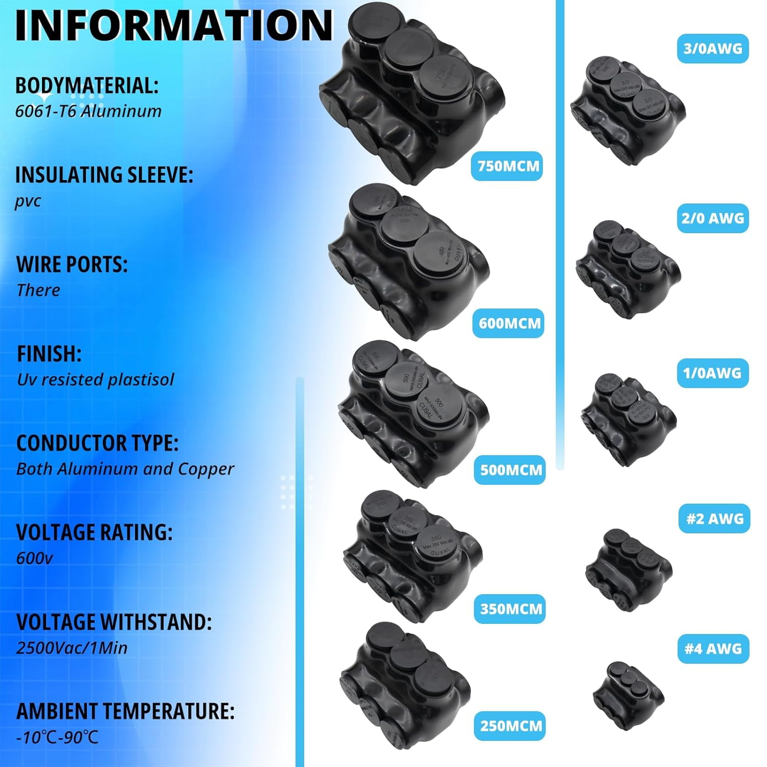 TG4THT-1/0-14AWG Insulated 3 Port Inline Splice Connector Black Wire ...