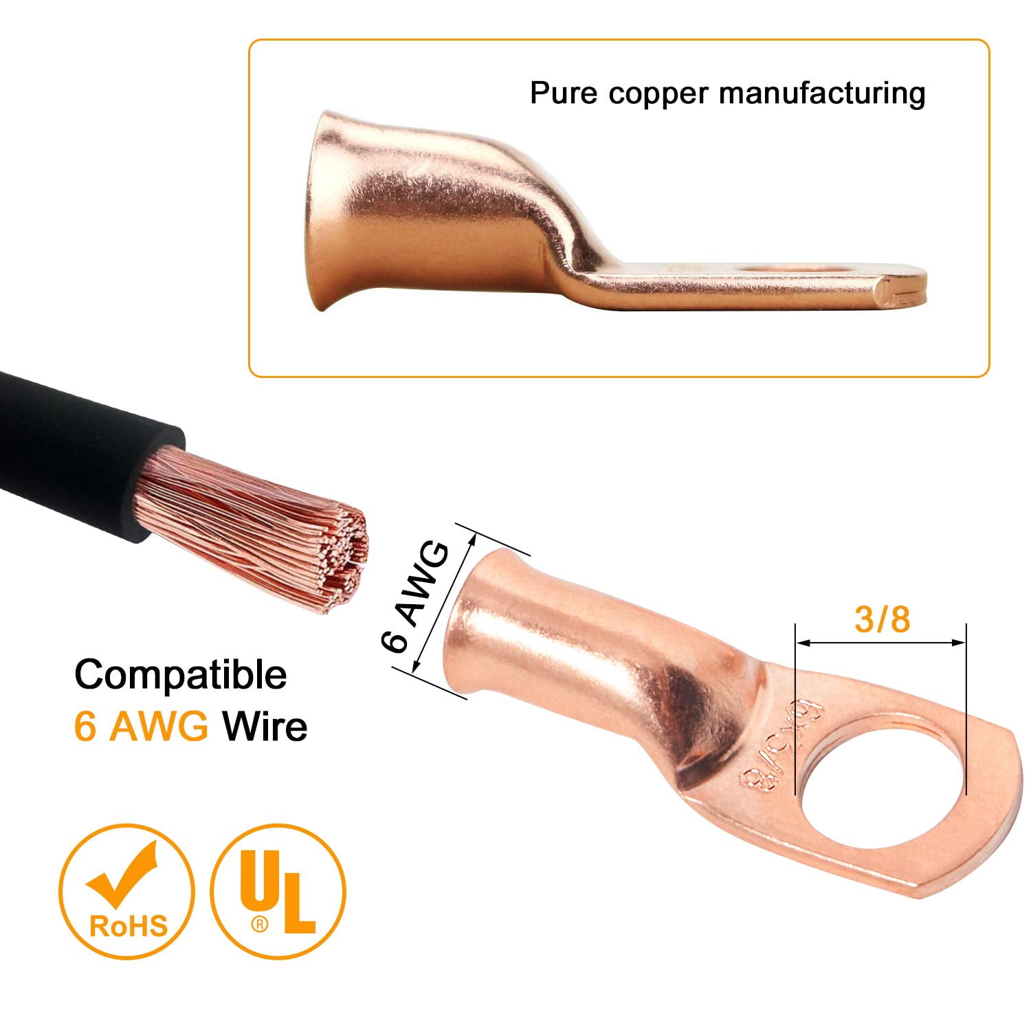 TG4THT-10pcs 6 Gauge Copper lugs 6 AWG-3/8 Ring Terminals Wire Lugs ...