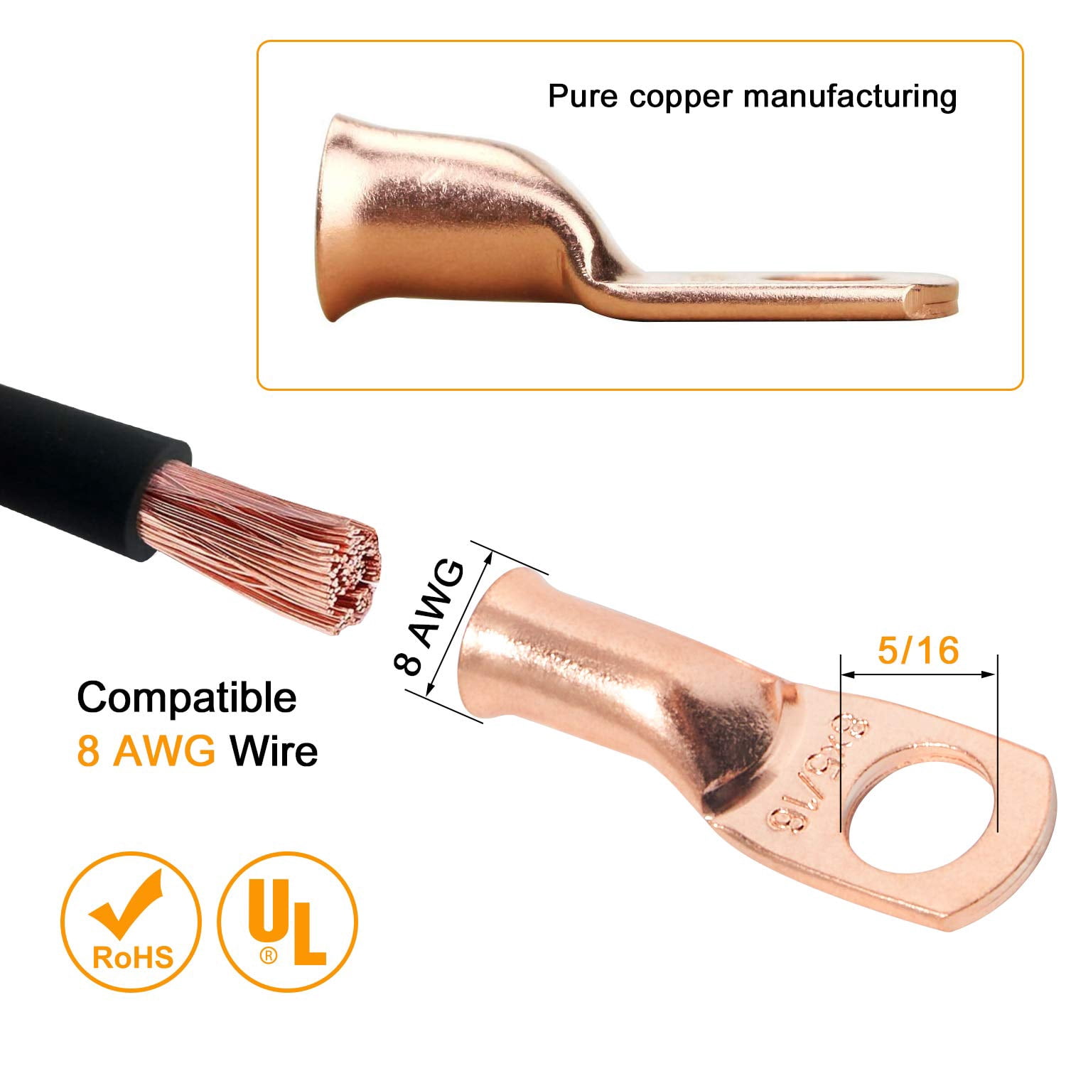 TG4THT-10pcs 8 Gauge Copper lugs 8 AWG-5/16 Ring Terminals Heavy Duty ...