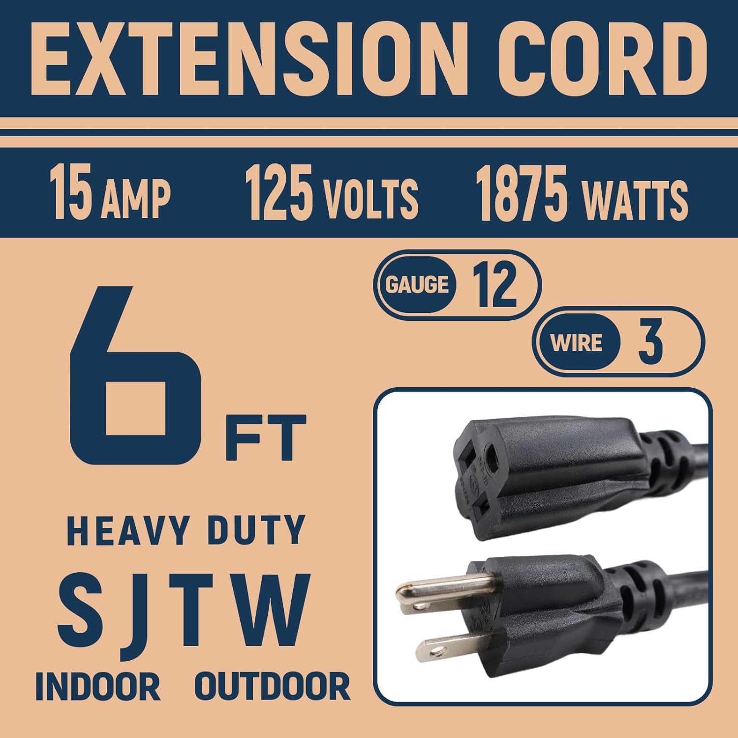 TG4THT-12 Gauge Indoor Outdoor Heavy Duty Black Extension Cord 6 FT, 12 ...