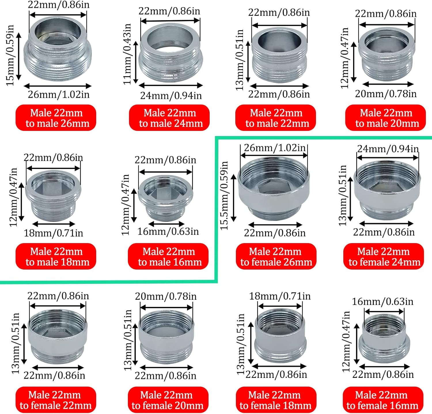 TG4THT-12 Pieces Faucet Adapter Kit Kitchen Aerator Male To Female Male ...