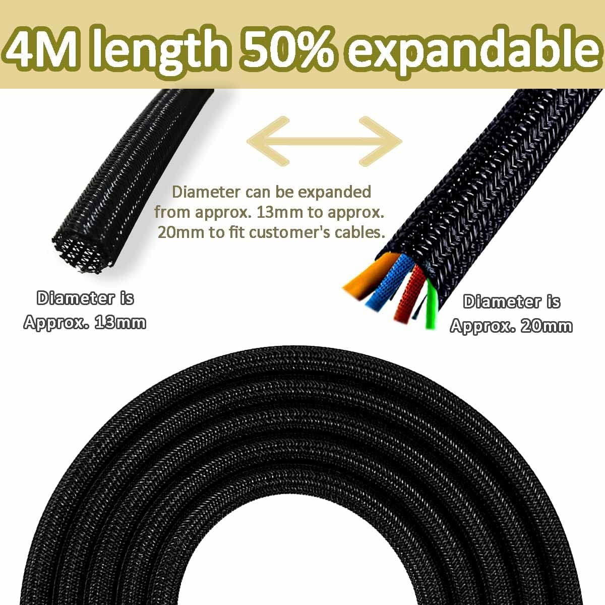 TG4THT-13 1/8ft -1/2 Inch Cord Management Sleeve Braided Split Black ...
