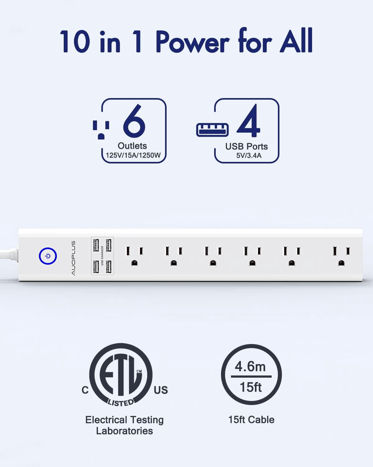 TG4THT-15 Ft Power Strip Surge Protector, 6 Outlets and 4 USB Ports ...