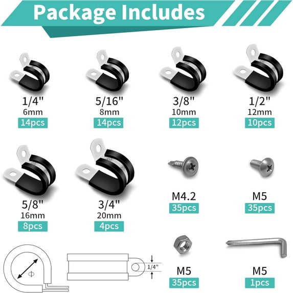 TG4THT-168Pcs 304 Stainless Steel Cable Clamps Kit, 6 Sizes (1/4"-3/4 ...