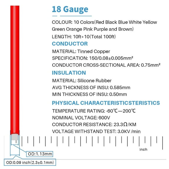 TG4THT-18 Gauge Silicone Wire Kit 10 Color Each 10 ft Flexible 18 AWG ...