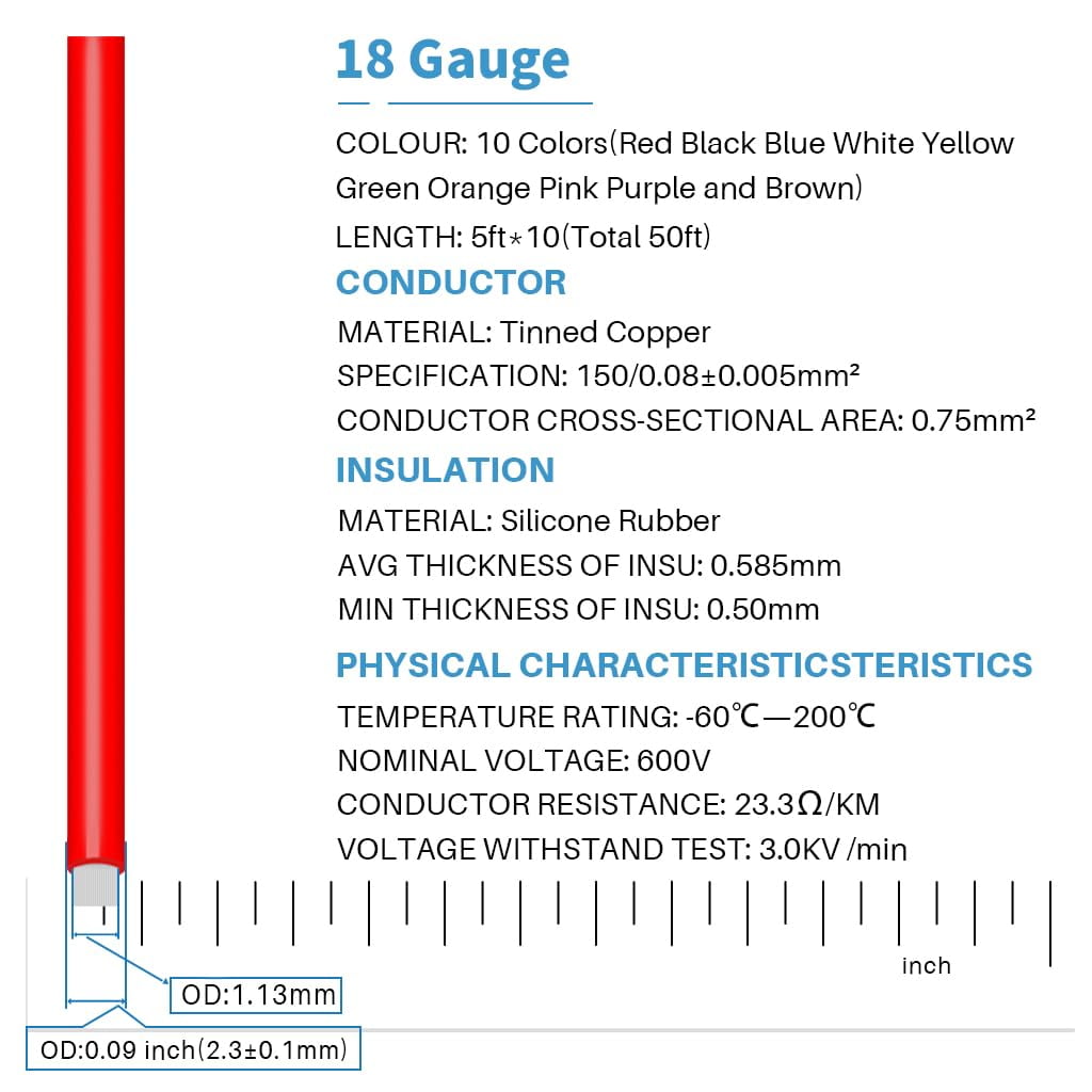 TG4THT-18 Gauge Silicone Wire Kit 10 Color Each 5 ft Flexible 18 AWG ...