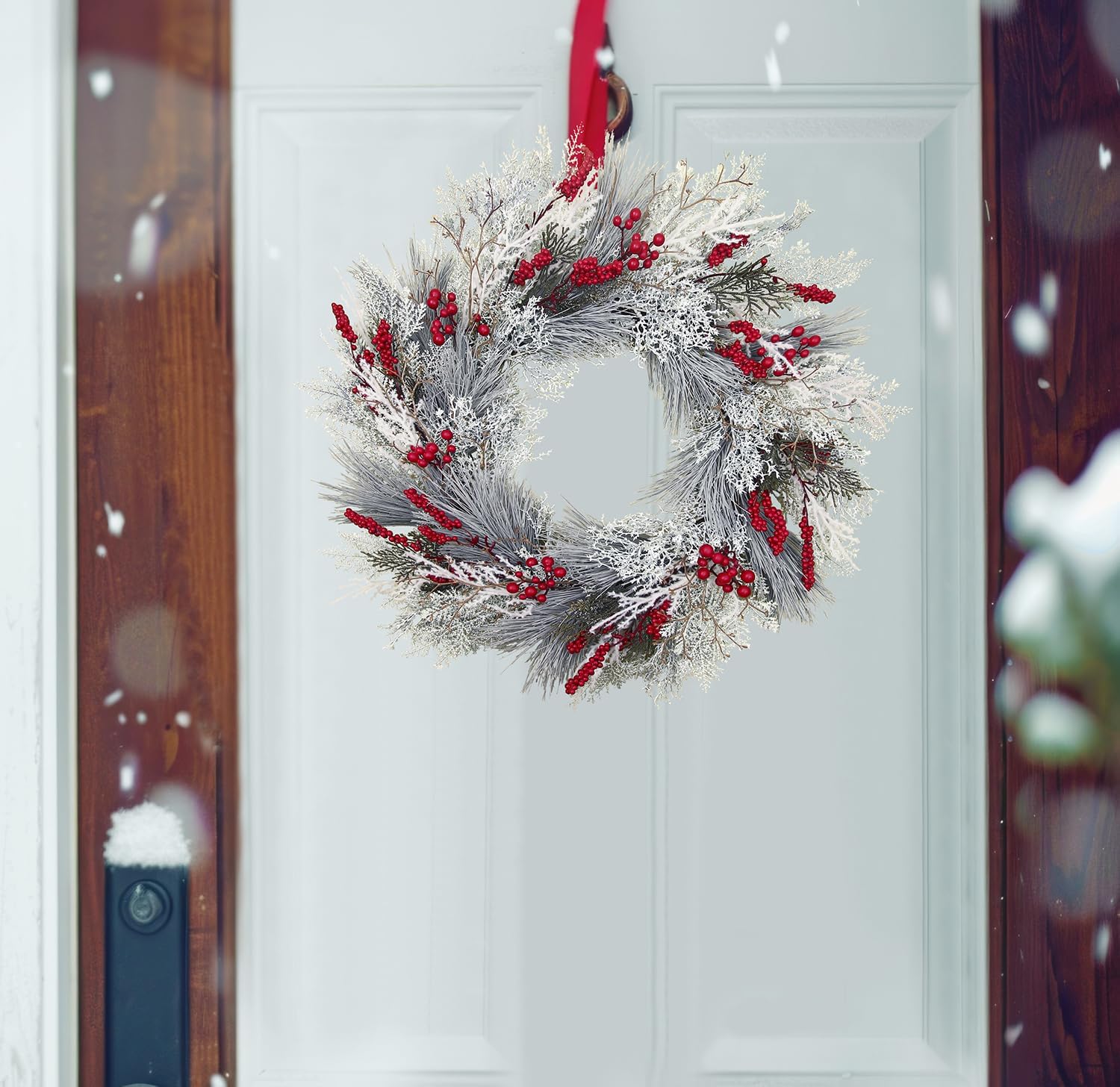 TG4THT-20 Inch Misty White Pine Christmas Wreath with Red Berry & Twig ...