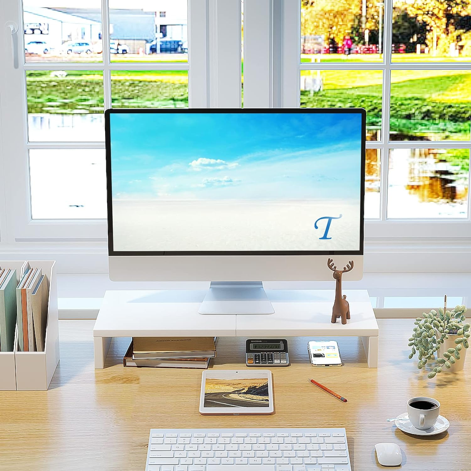 TG4THT-20 inch White Monitor Stand Riser, Wood Desktop Stand for PC/TV ...