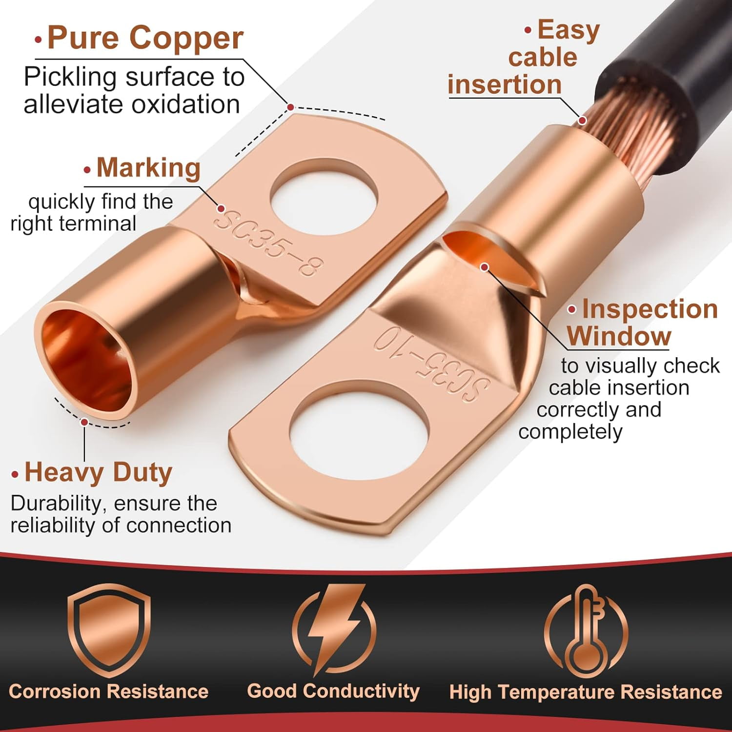 TG4THT-200pcs Battery Cable Ends, Copper Wire Lugs AWG 2 4 6 8 10 Gauge ...