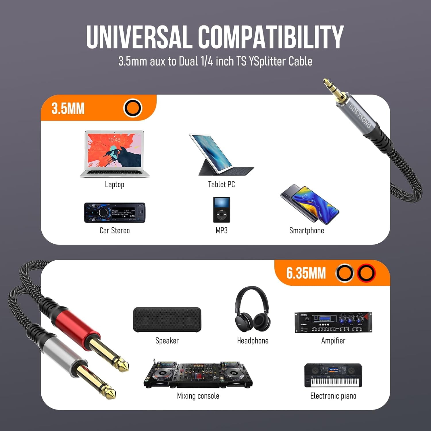 TG4THT-3.5mm 1/8 Stereo to Dual 1/4 TS Mono Y Splitter Audio Cable ...