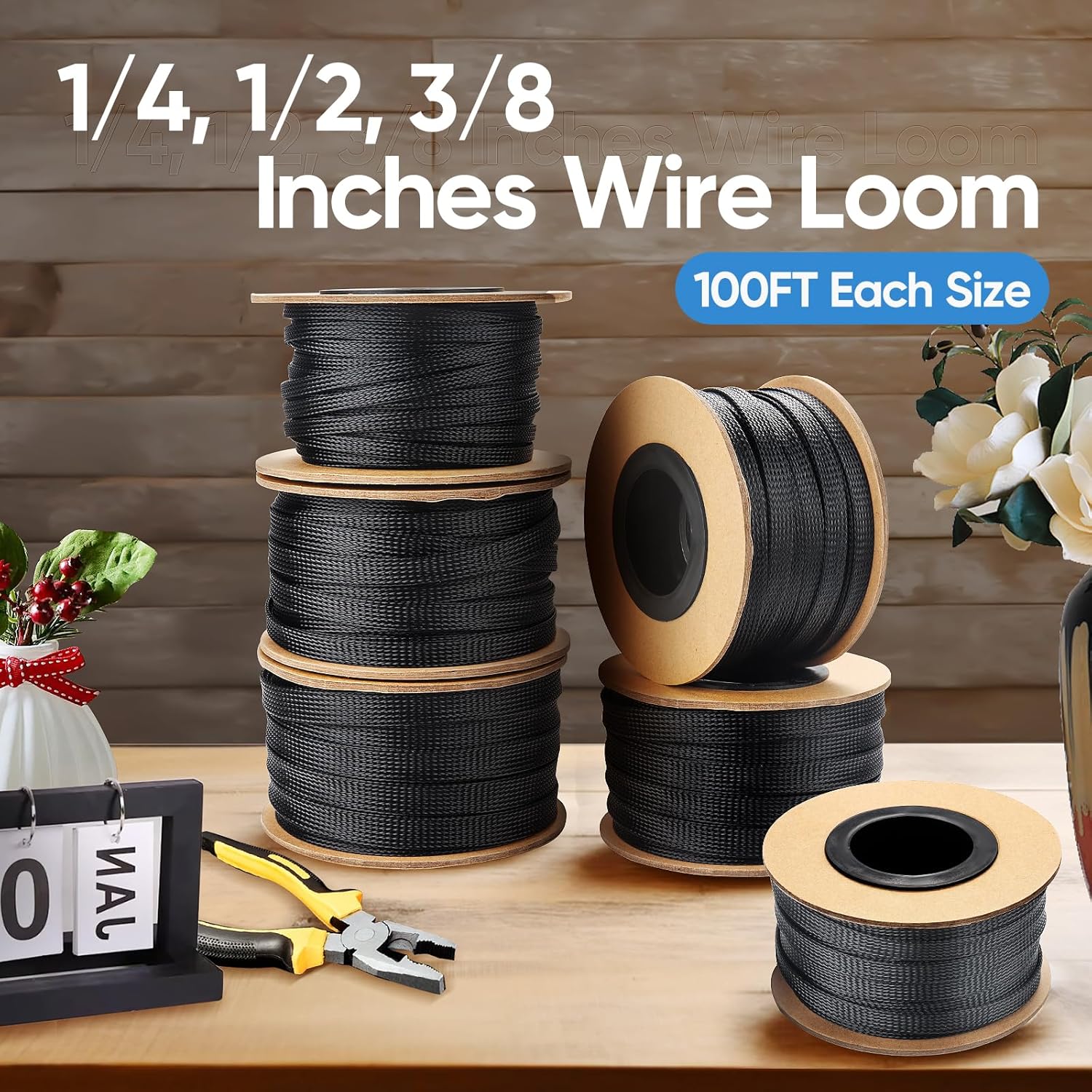 TG4THT-300 Feet 1/4, 1/2, 3/8 Inches Braided Wire Loom PET Cable Loom ...
