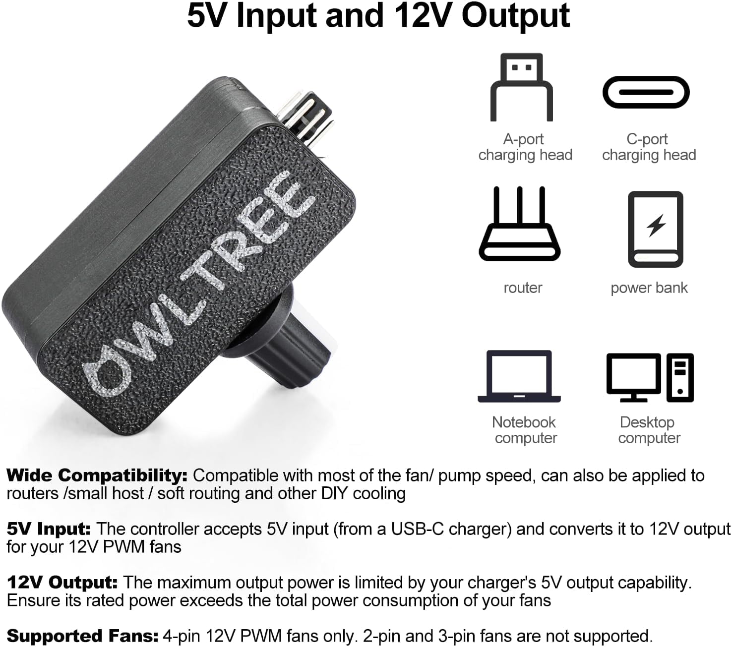 TG4THT-4 Pin 12V PWM Fan Controller with Type C USB Power Cable and ...