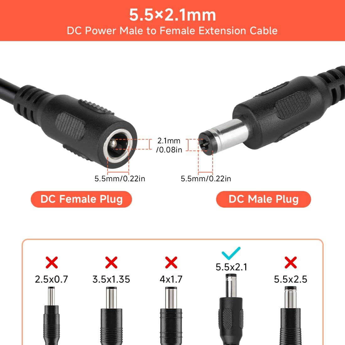 TG4THT-5 pcs/Pack 20AWG 2 Pin DC Male Female Plug LED Connector, 3.28ft ...