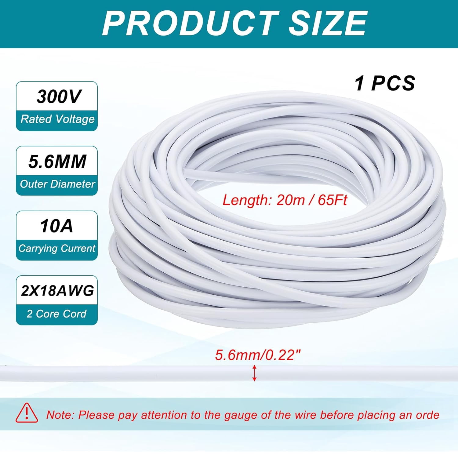 TG4THT-65Ft 18/2 PVC Covered Wire, 300V SVT Round Lamp Cord Insulated ...