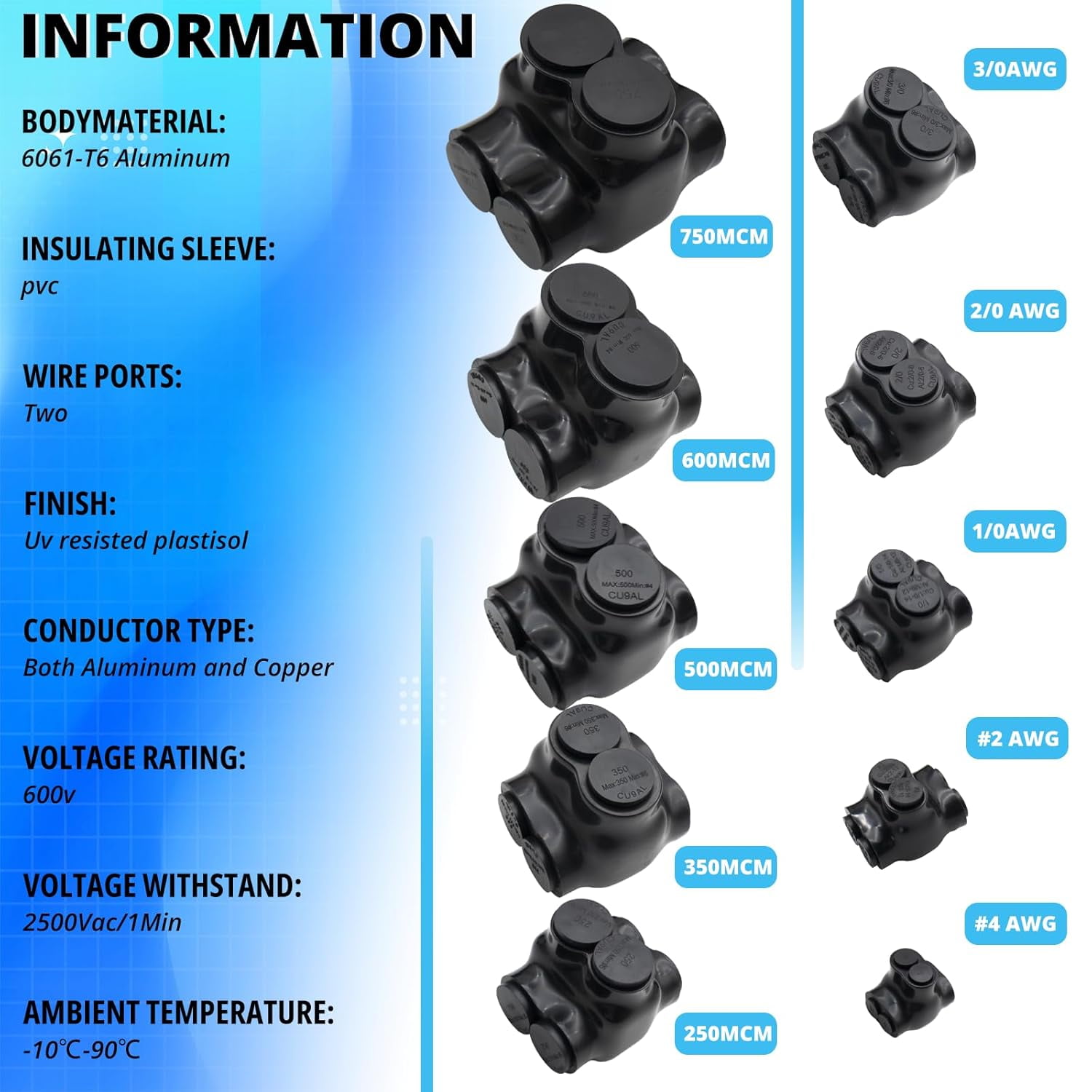 TG4THT-6AWG-250Kcmil Insulated 2 Port Inline Splice Connector Black Wire Connectors,Allen Hex 5/ ...