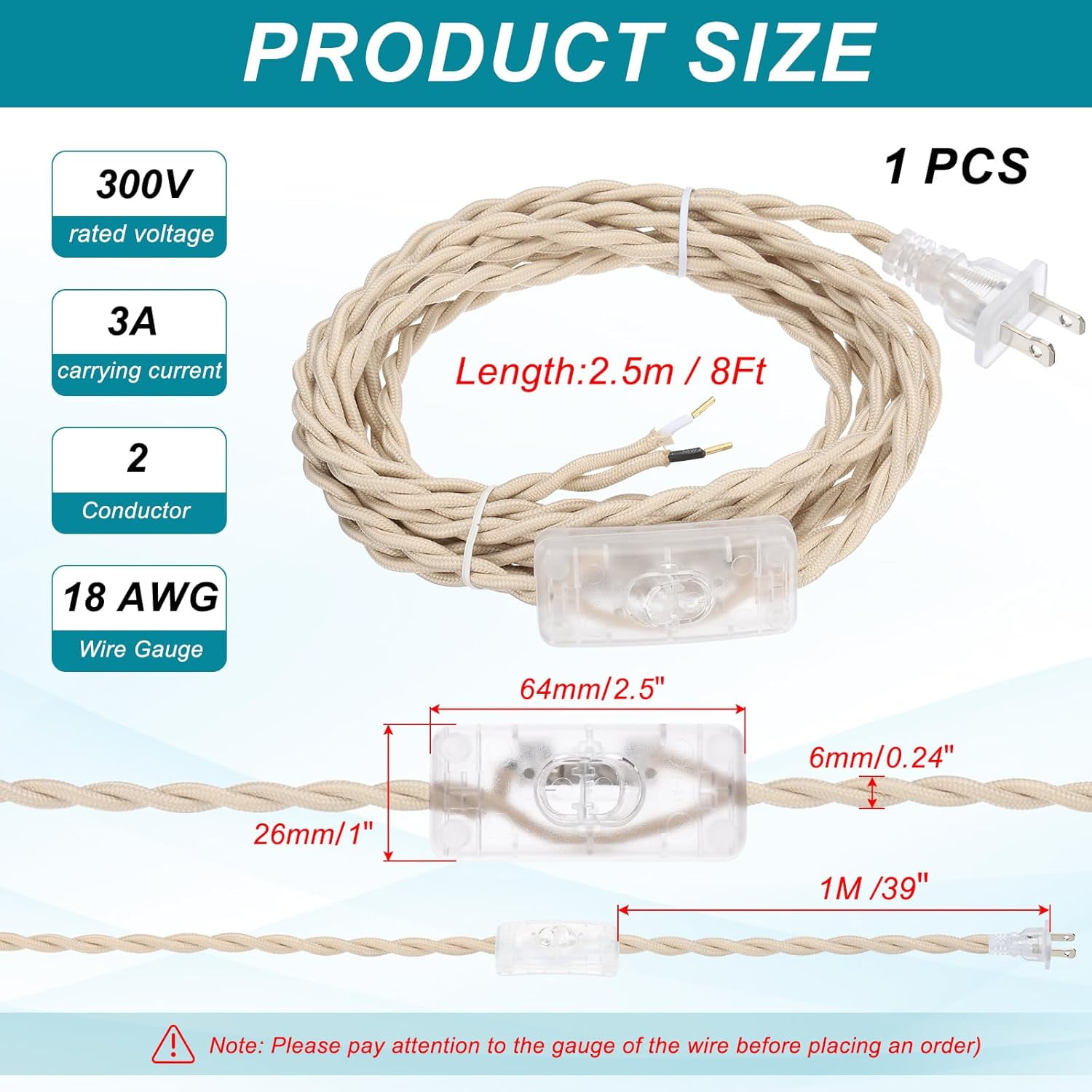 TG4THT-8Ft 18/2 Twisted Cloth Covered Lamp Cord, Vintage Fabric ...