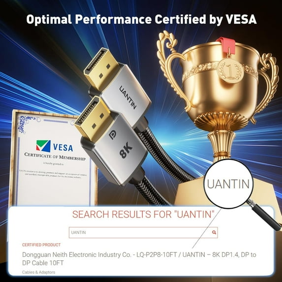 TG4THT-8K DisplayPort Cable 1.4, VESA Certified 10FT High-Speed Braided ...