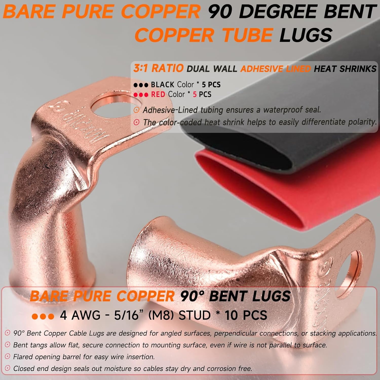 TG4THT-90° Pure Copper Cable Lugs 10pcs 4 AWG-5/16 90 Degree Bent ...